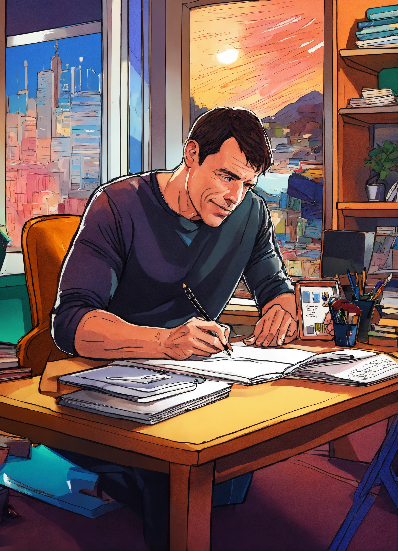 Lexica - A hand drawn painting of a Tony Robbins writing his blog post ...
