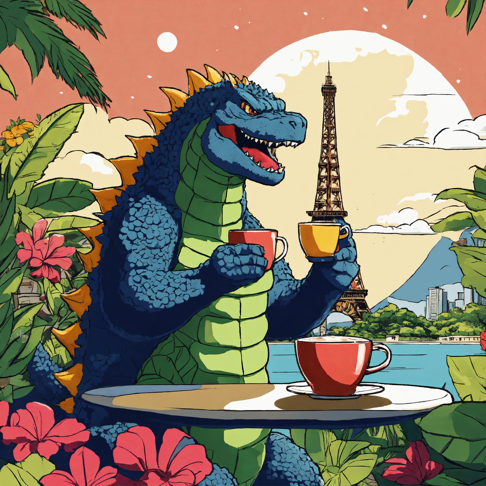 Lexica - Godzilla in Hawaiian style drinking a coffee in front of the ...