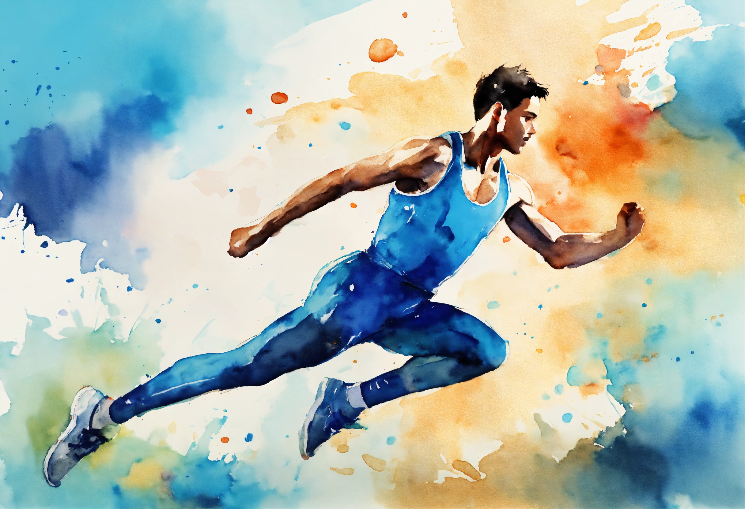 Lexica - Beautiful watercolor style blue, athlete jumping high olympics