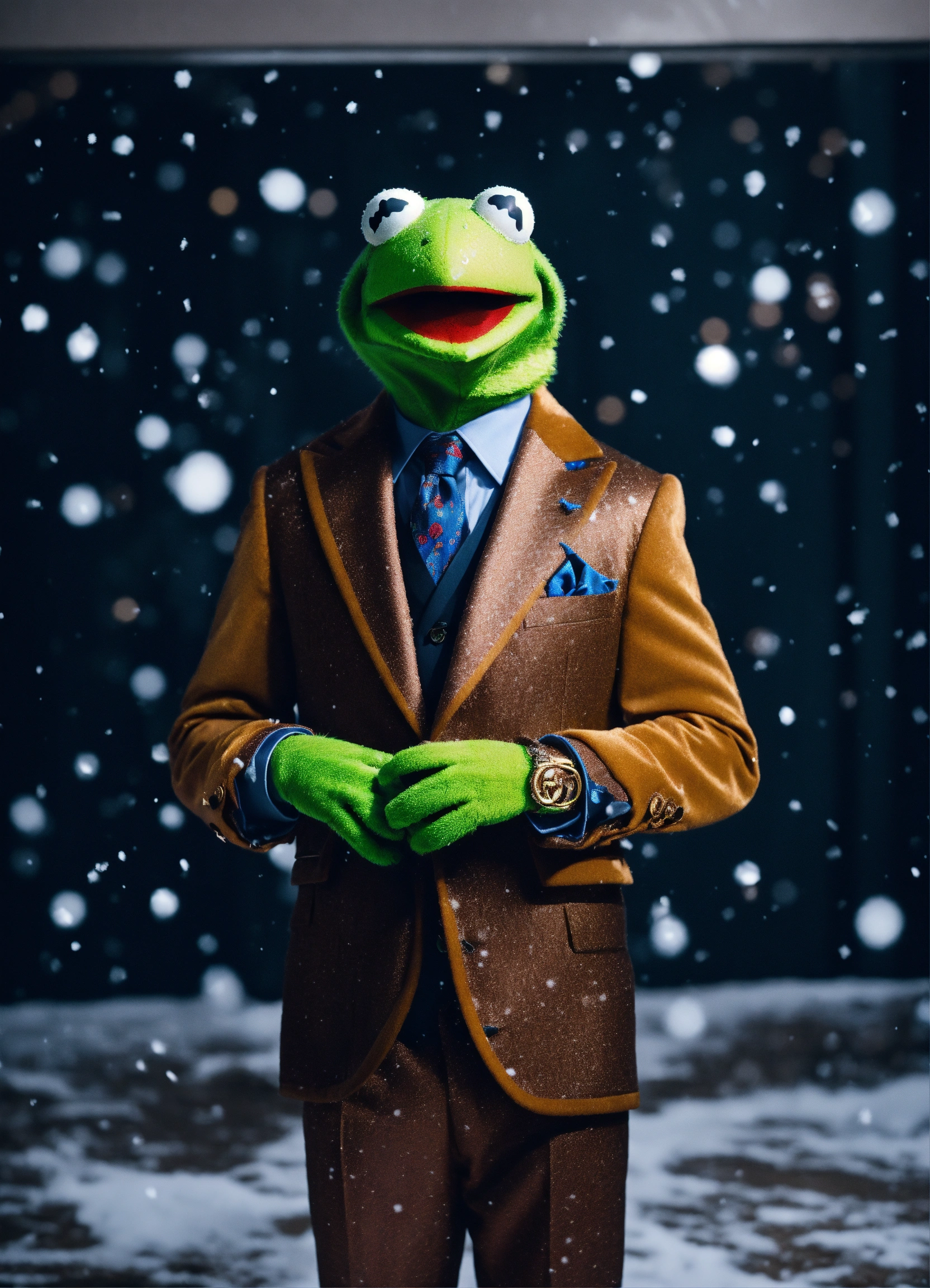 Lexica - Kermit the Frog wearing a brown gucci suit, gucci promo photo, 8k photo, snowing ...