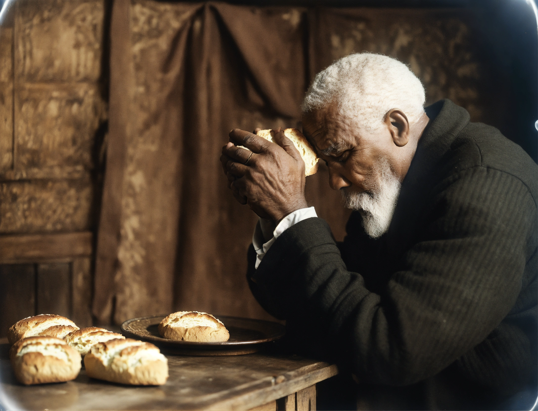 Lexica - Old African-American man praying with bread on the table. 1910s