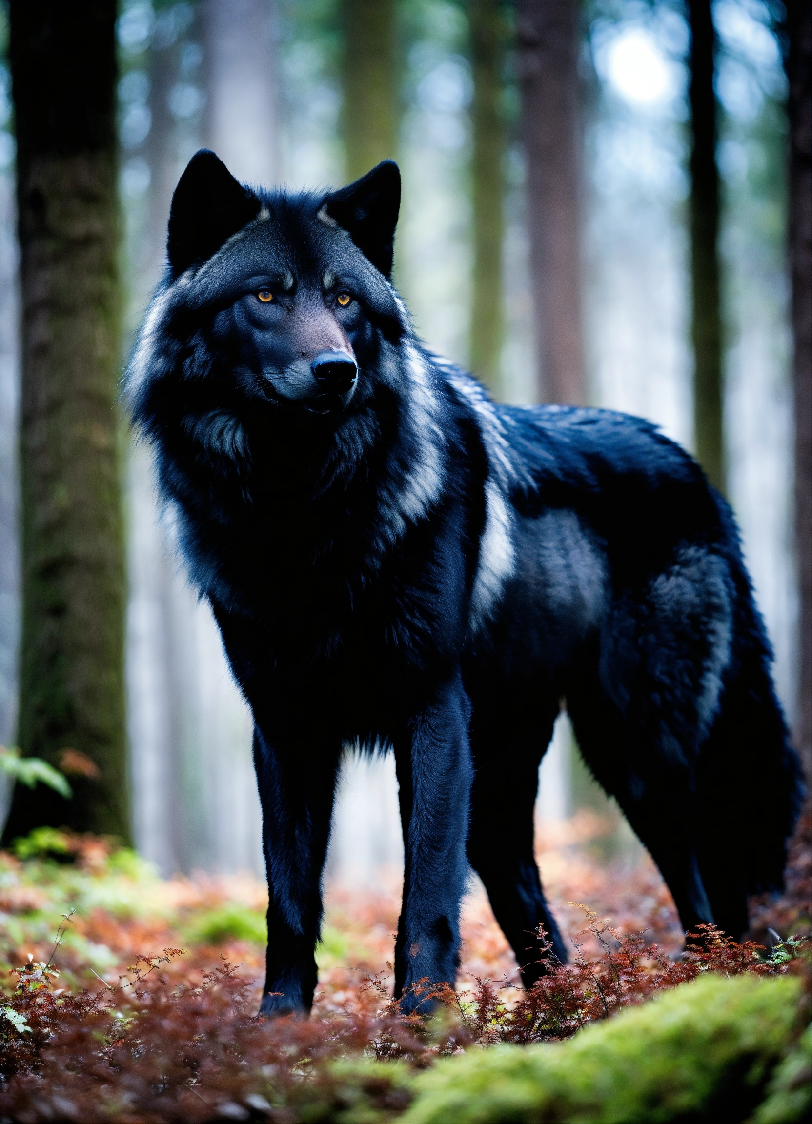 Lexica - Massive, black fur, wolf, in the woods