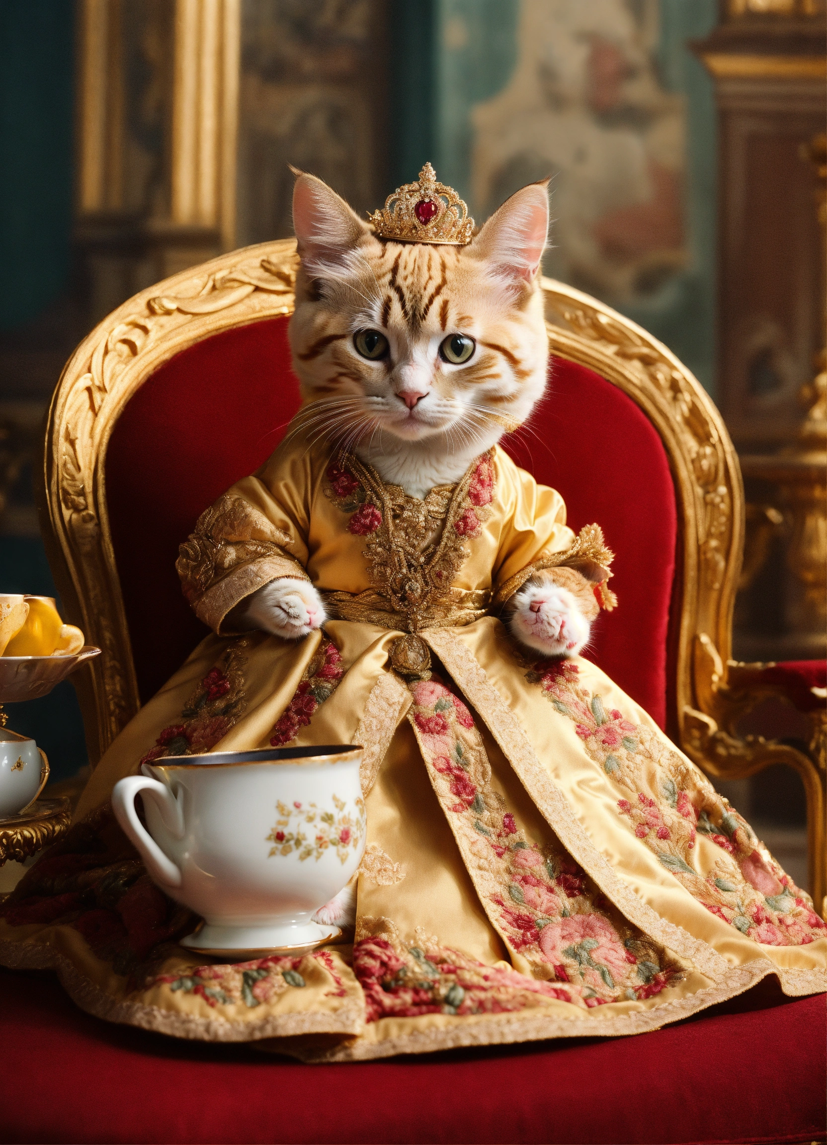 Lexica - A baby cat in the attire of a royal court lady, sitting in a ...