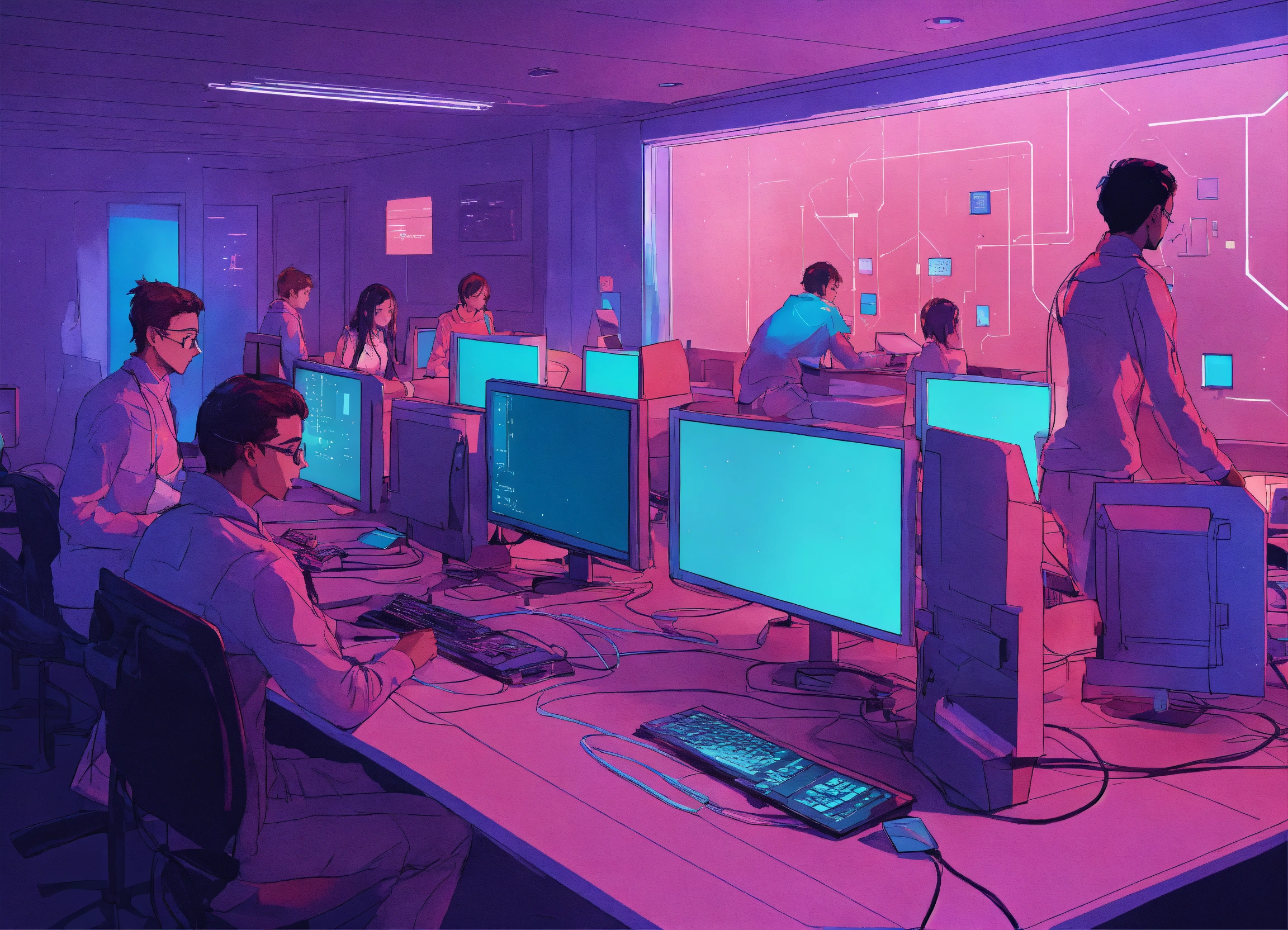 Lexica - 5 personnes entrain de coder sur des ordinateurs dans un espace violet et bleu