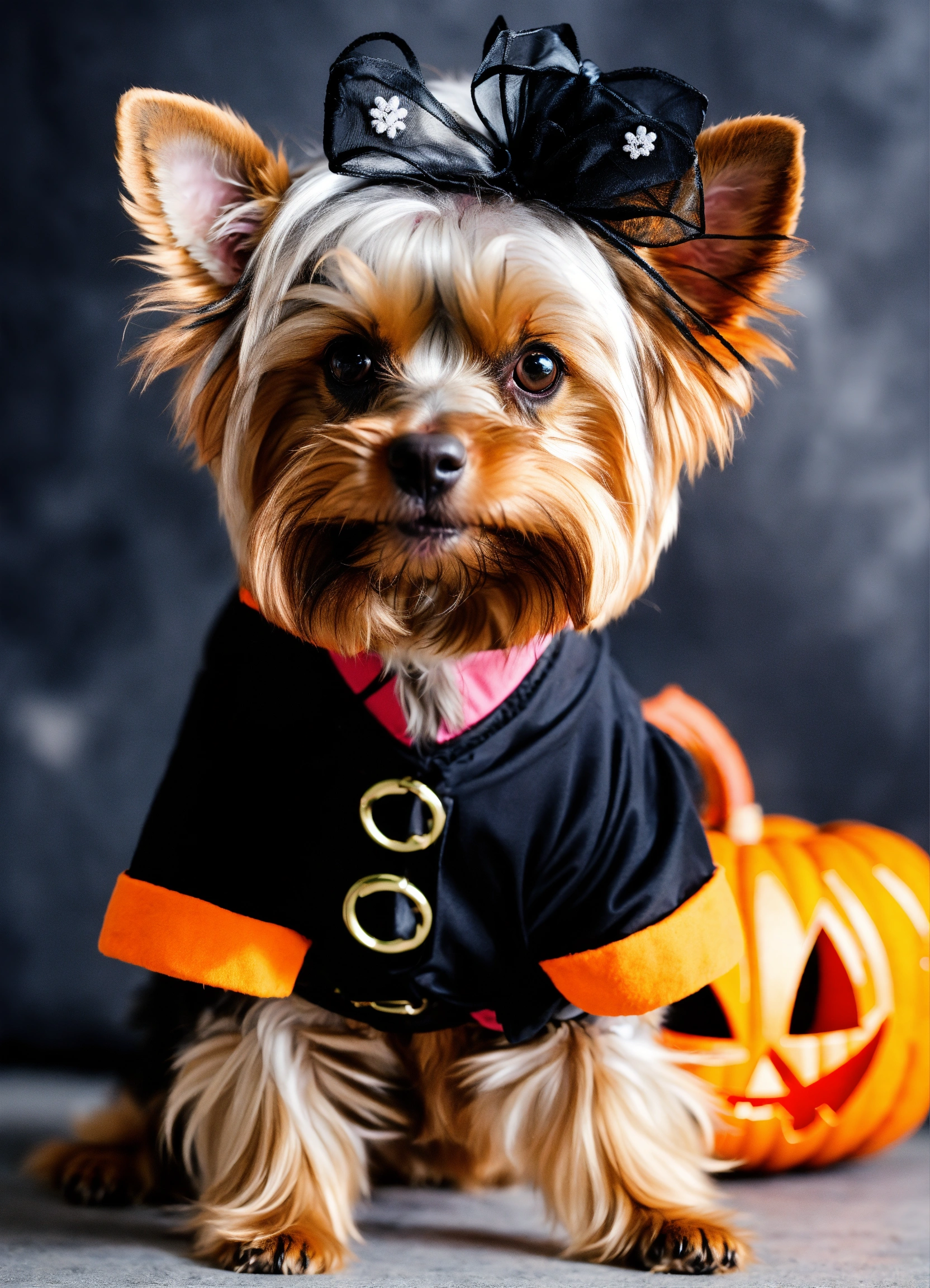 Lexica - Female yorkie dog with Halloween outfit
