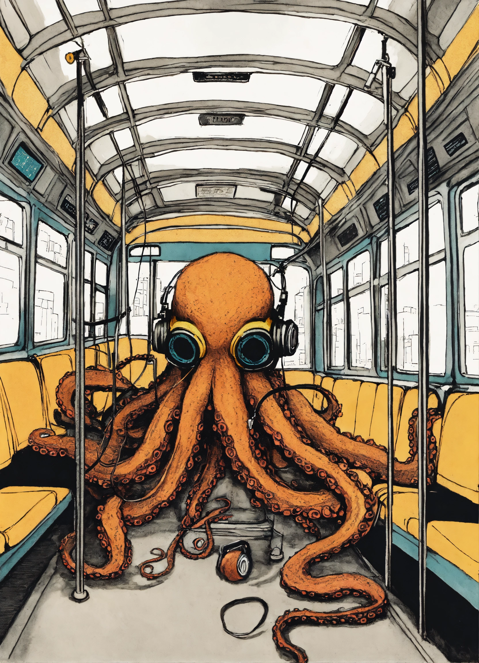 Lexica - Ink drawing of an octopus pushing wearing headphones, riding ...