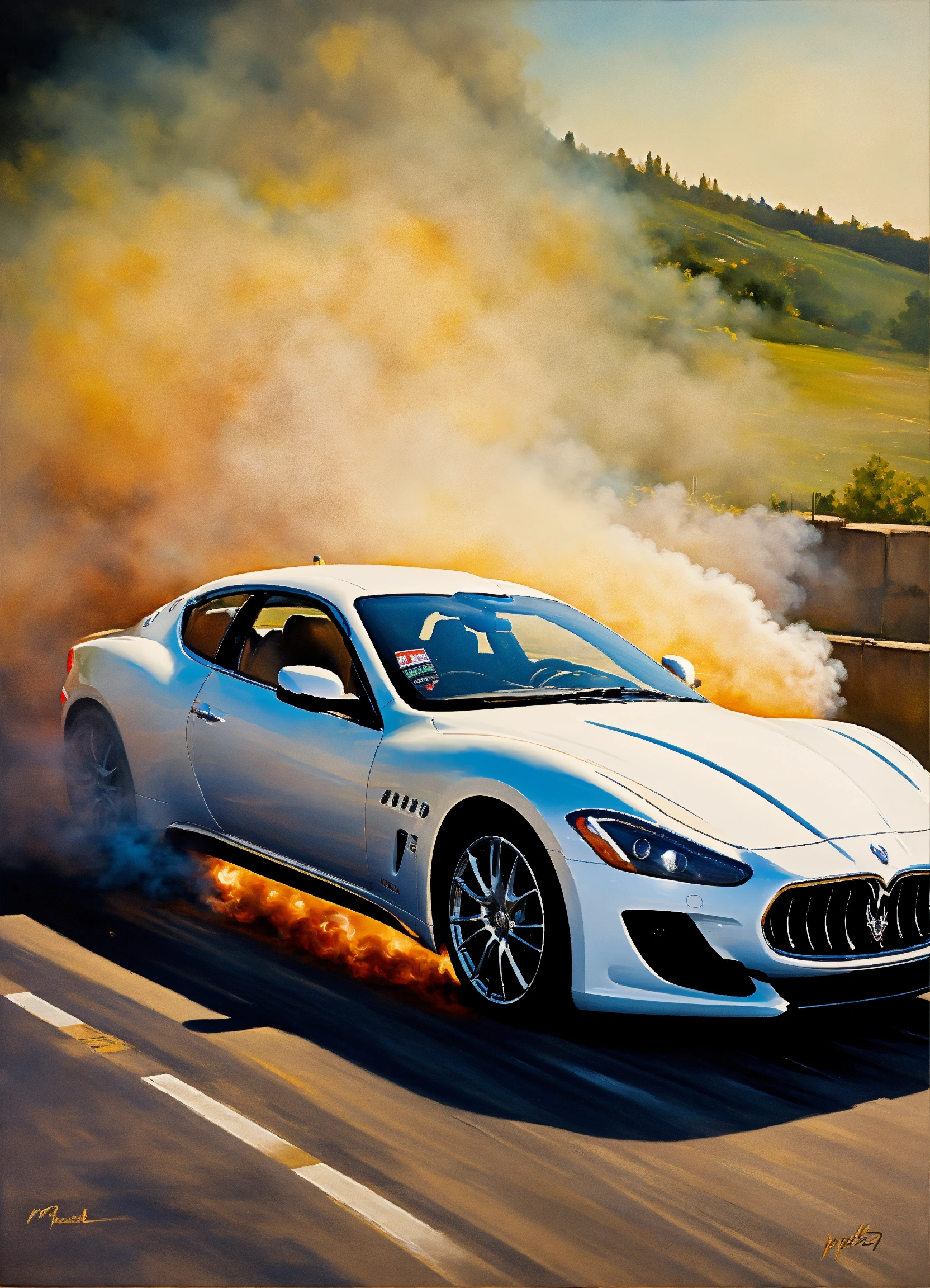 Lexica - Oil painting of white maserati gran turismo with number plate ...