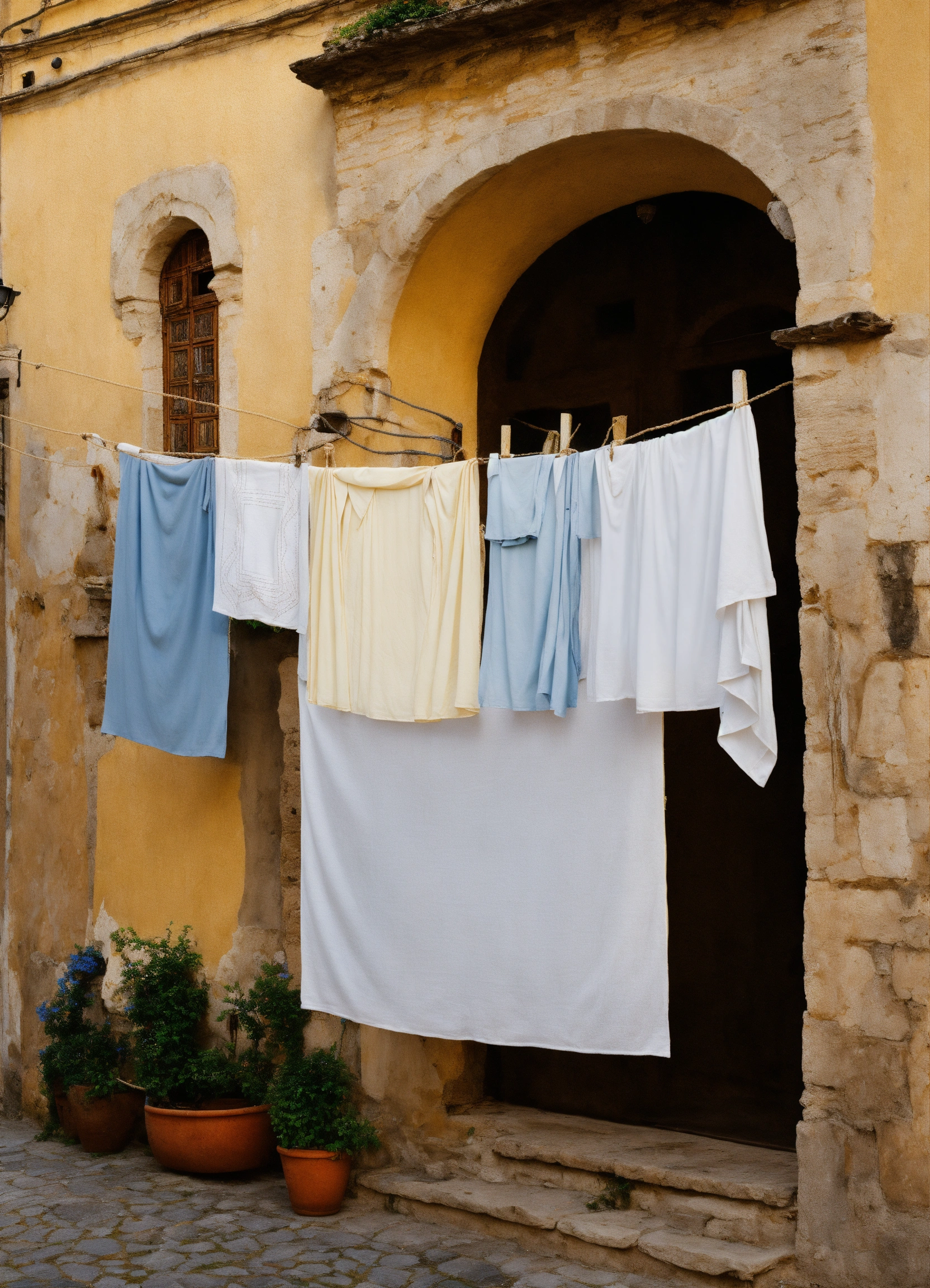 Lexica - Bed linen is dried on a rope, white frame, lenor, Italy