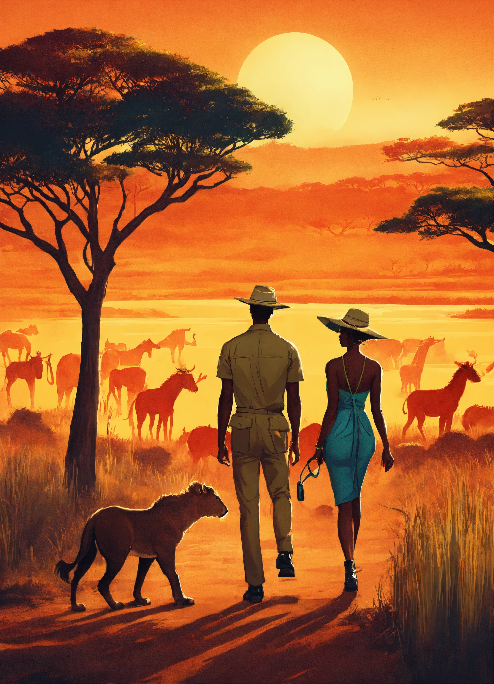 Lexica - Create an illustration of a black man and woman in a safari ...
