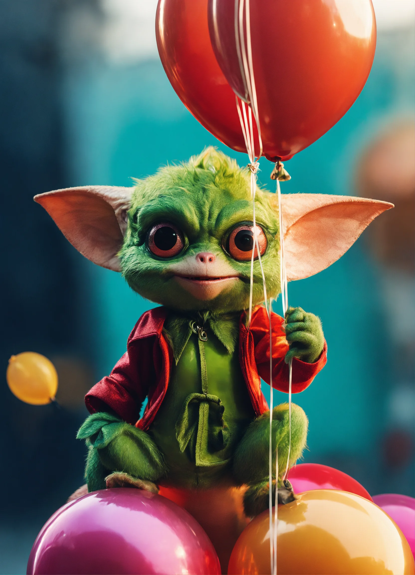 Lexica - Medium close-up, Leica portrait of a gremlin holding balloons ...