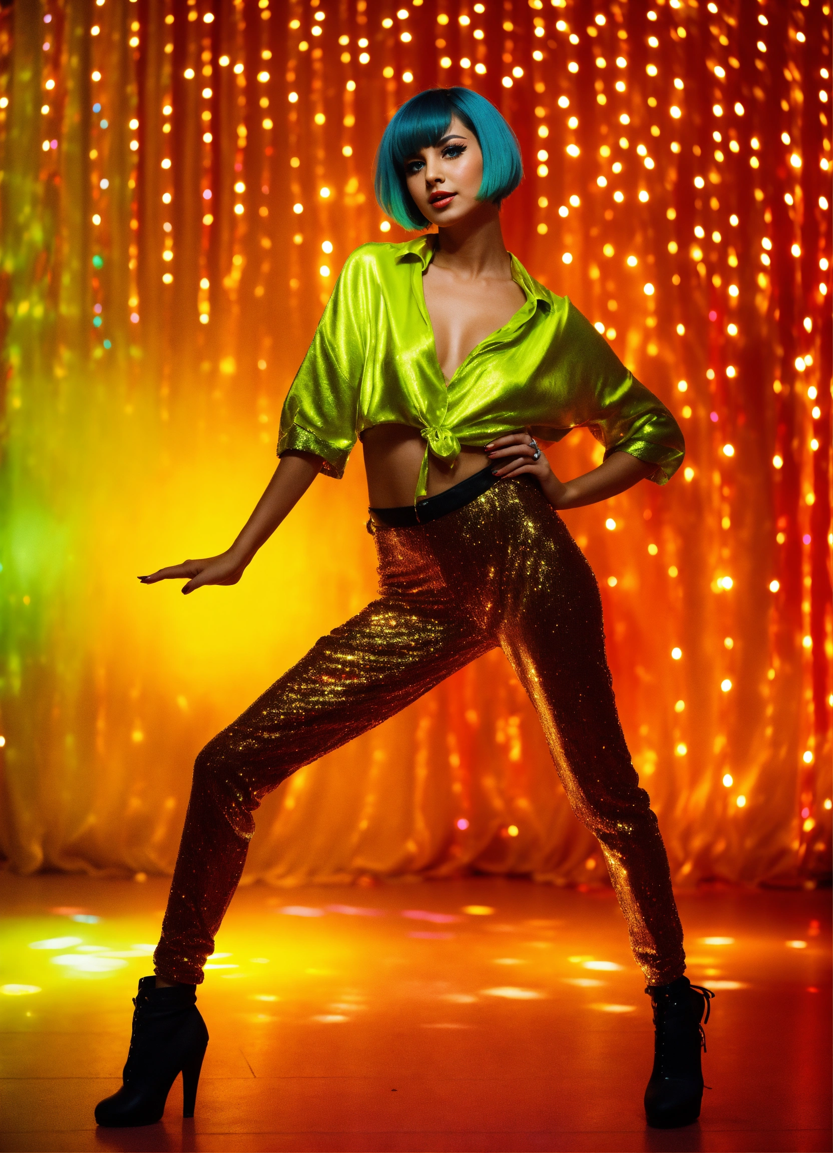 Lexica - Cute woman, style disco dancer,eyes visible, dancing, short ...