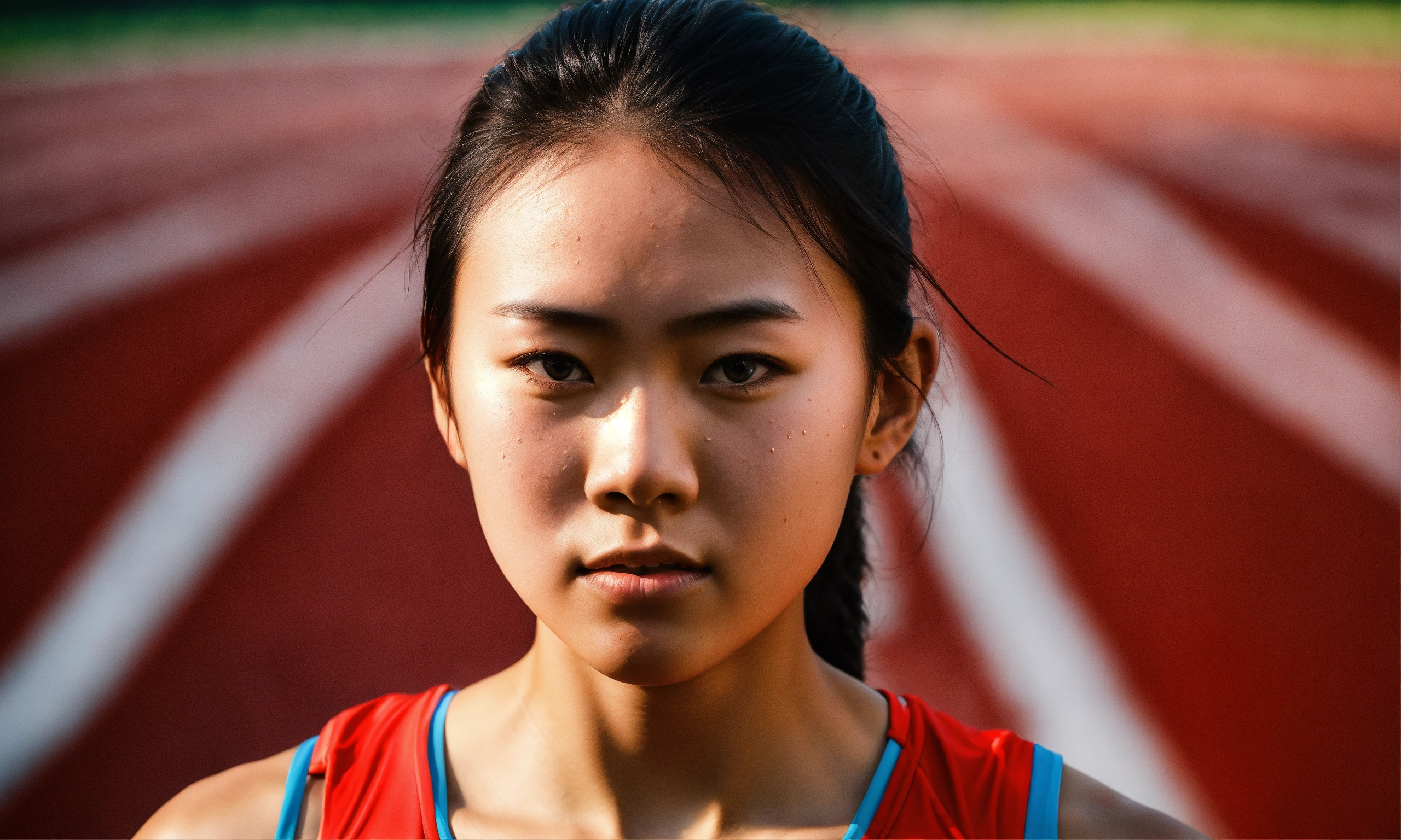Lexica - Mid-day at a track field. Close-up shot of an 18-year-old ...