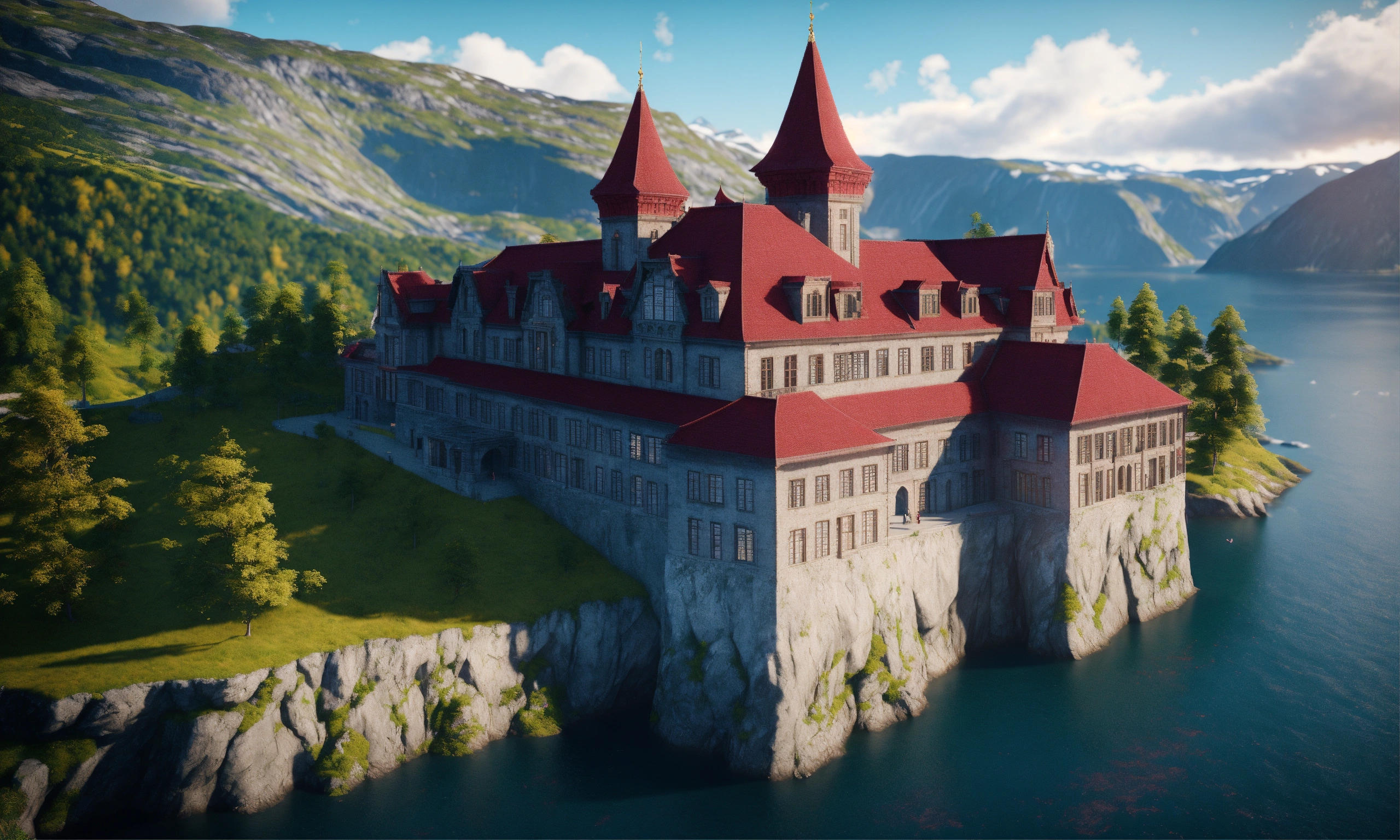 Lexica - Full image of a massive royal palace with a maroon roof on a cliff overlooking a Fjord ...
