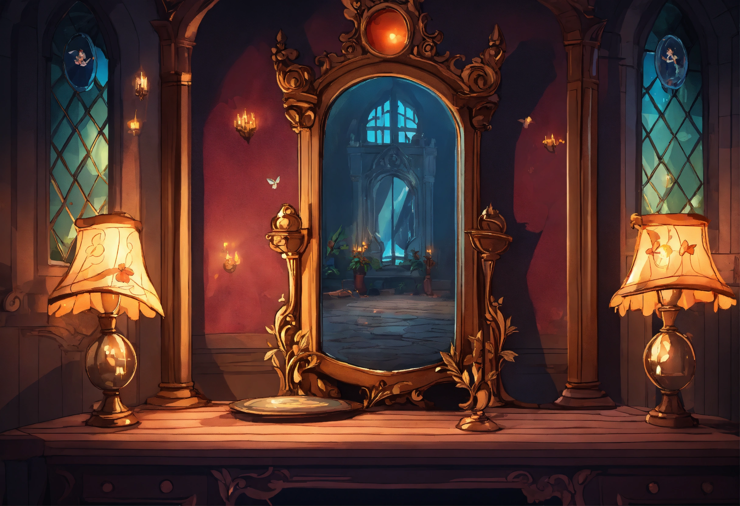 Lexica - Cartoon fairy taie style image mirror on table in dark castle room