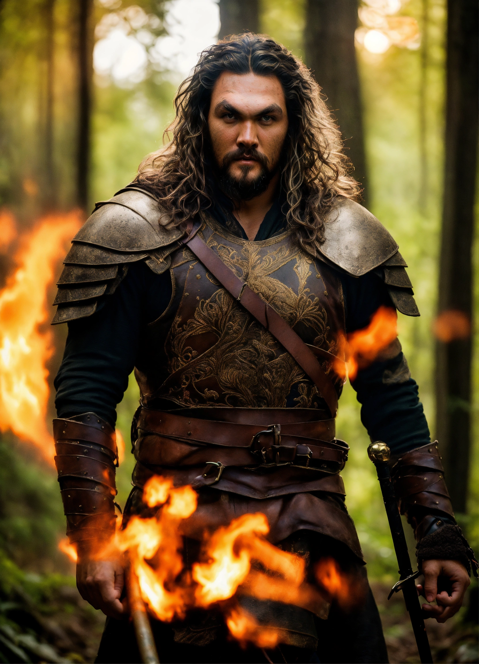 Lexica - Jason Momoa, medieval warrior, fire hair, fire eyes, in a ...