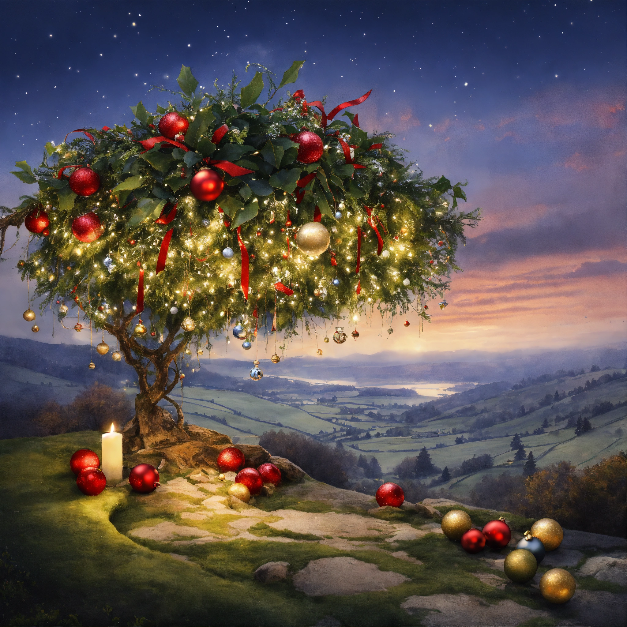 Lexica - Elven landscape at Christmas with Christmas baubles on the ...