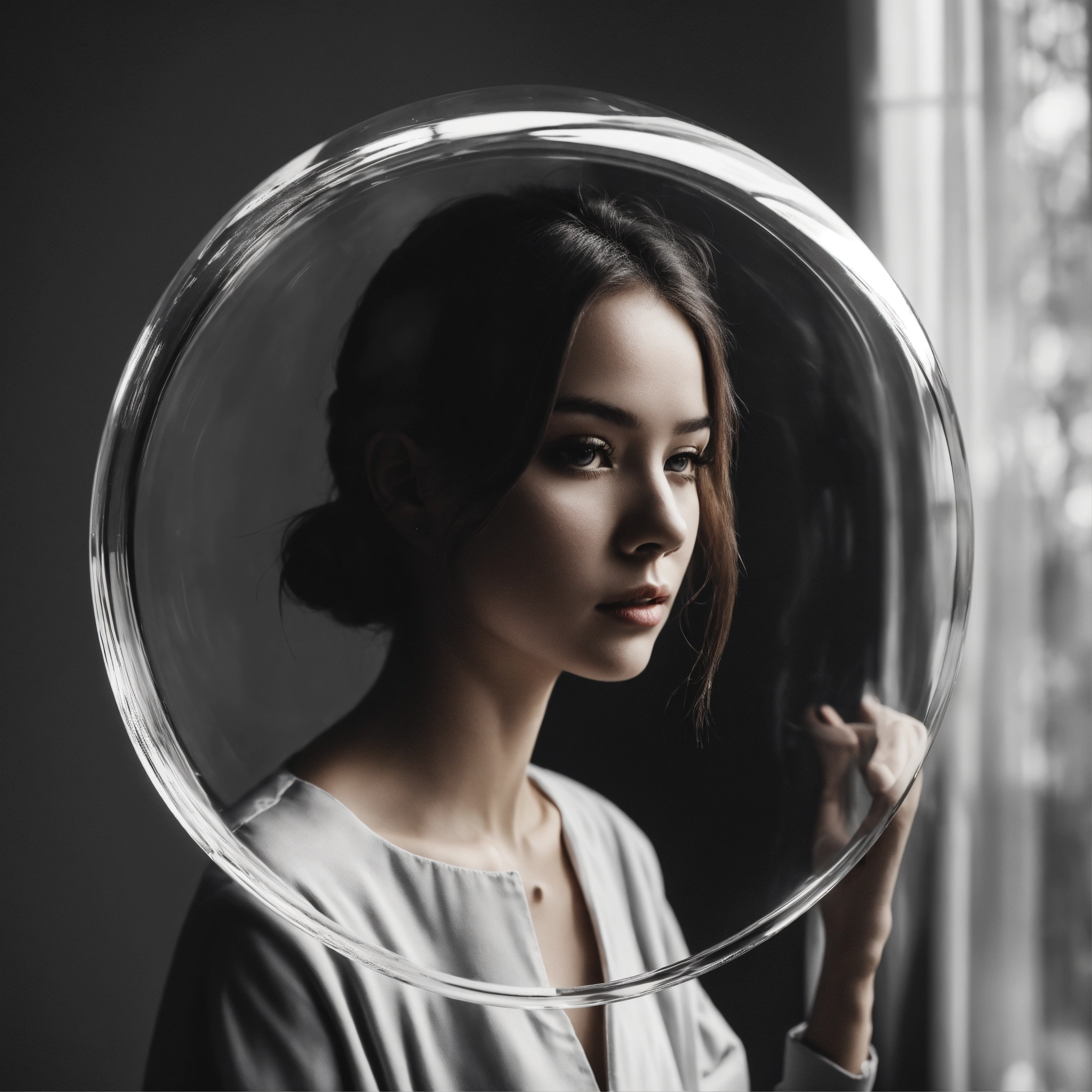 Lexica - Women look in clear looking transparent glass circle, black ...