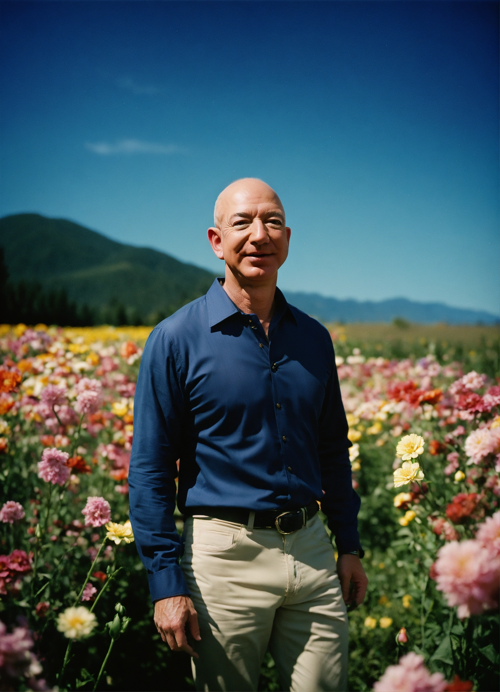 Lexica - Happy Jeff Bezos standing in a beautiful field of flowers ...
