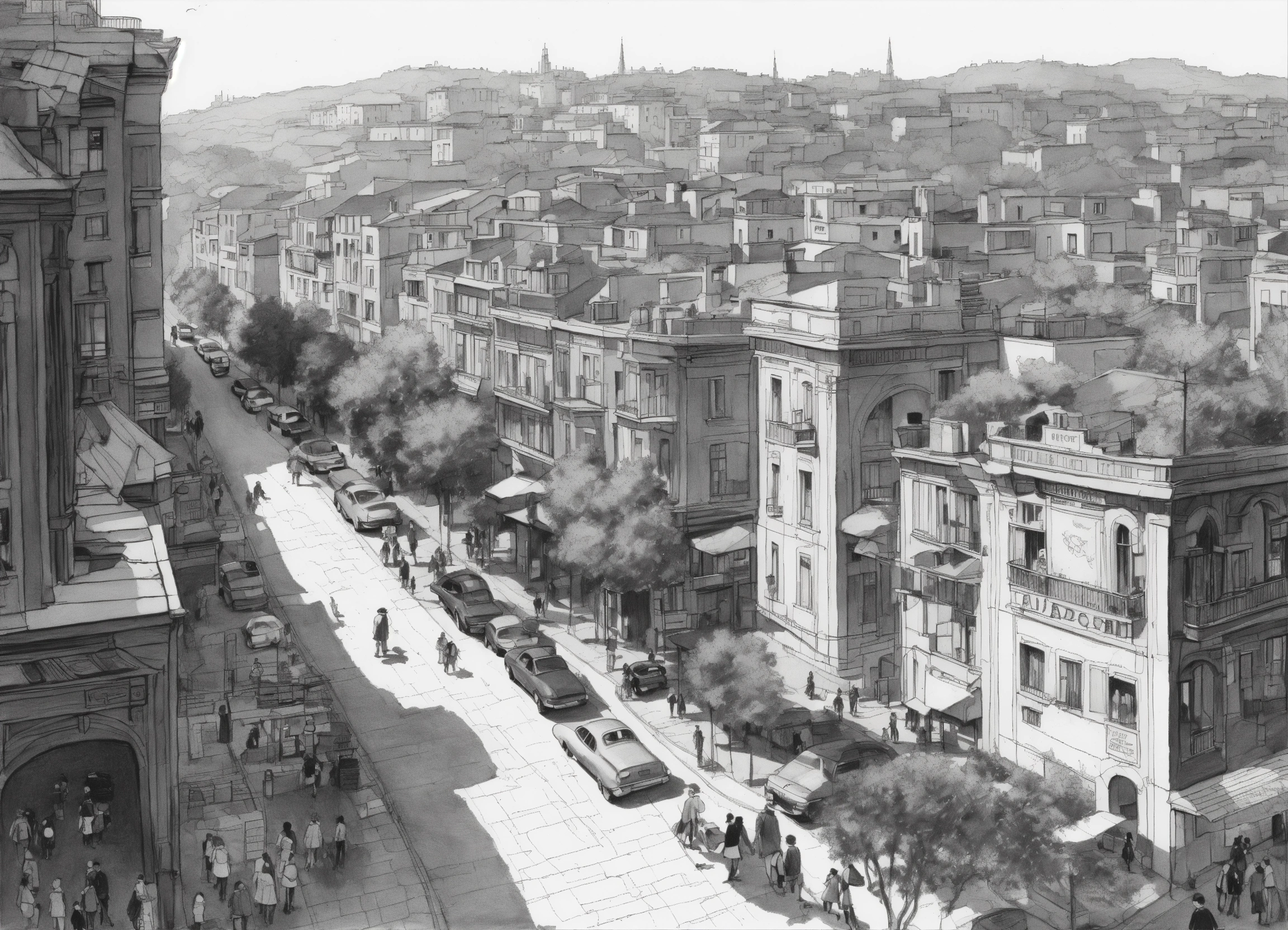Lexica - A B/W drawing, Milo Manara style, of a city seen from above ...