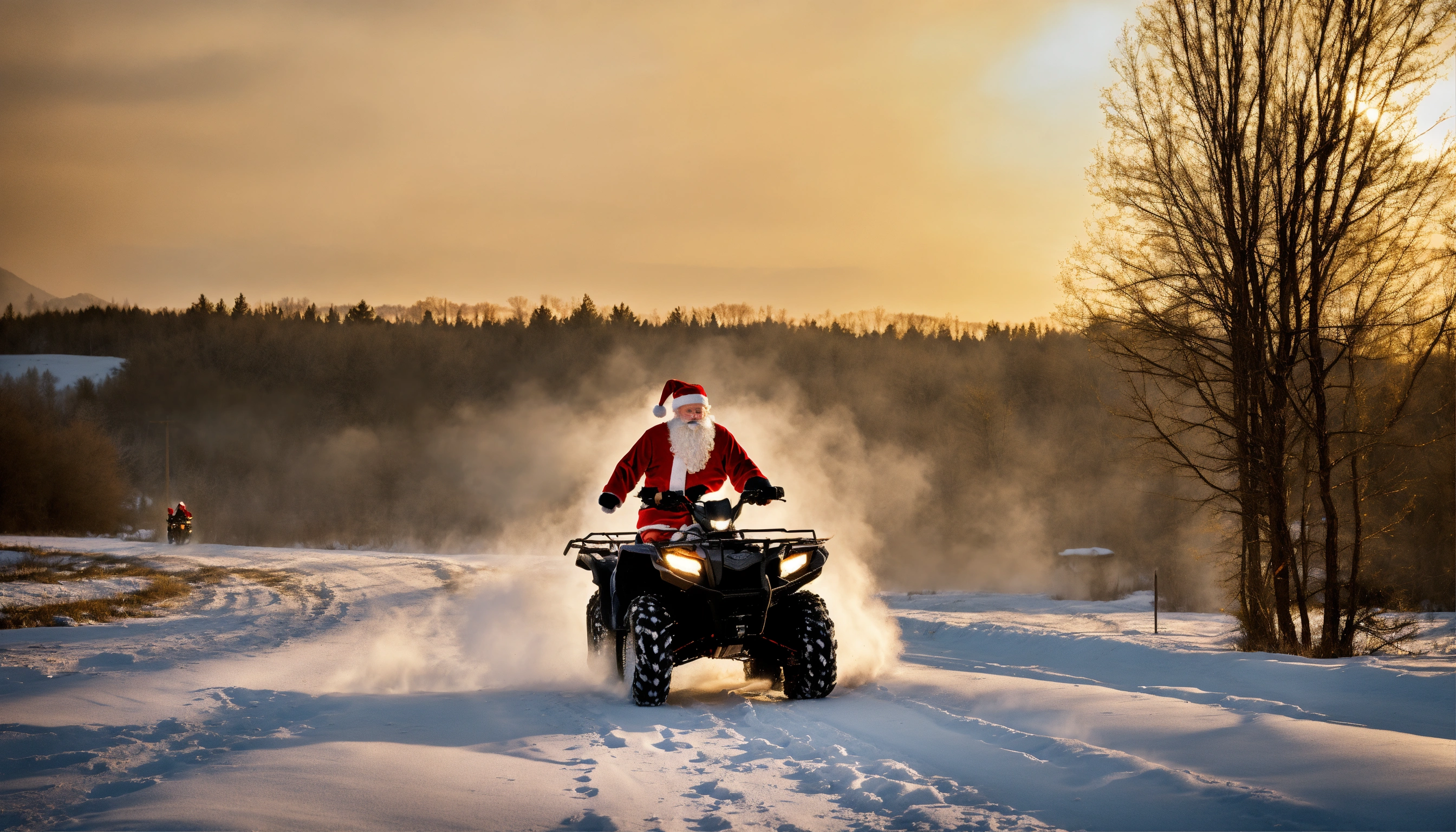 Lexica - Santa Claus with big sack bag rides along a snowy road on an ...
