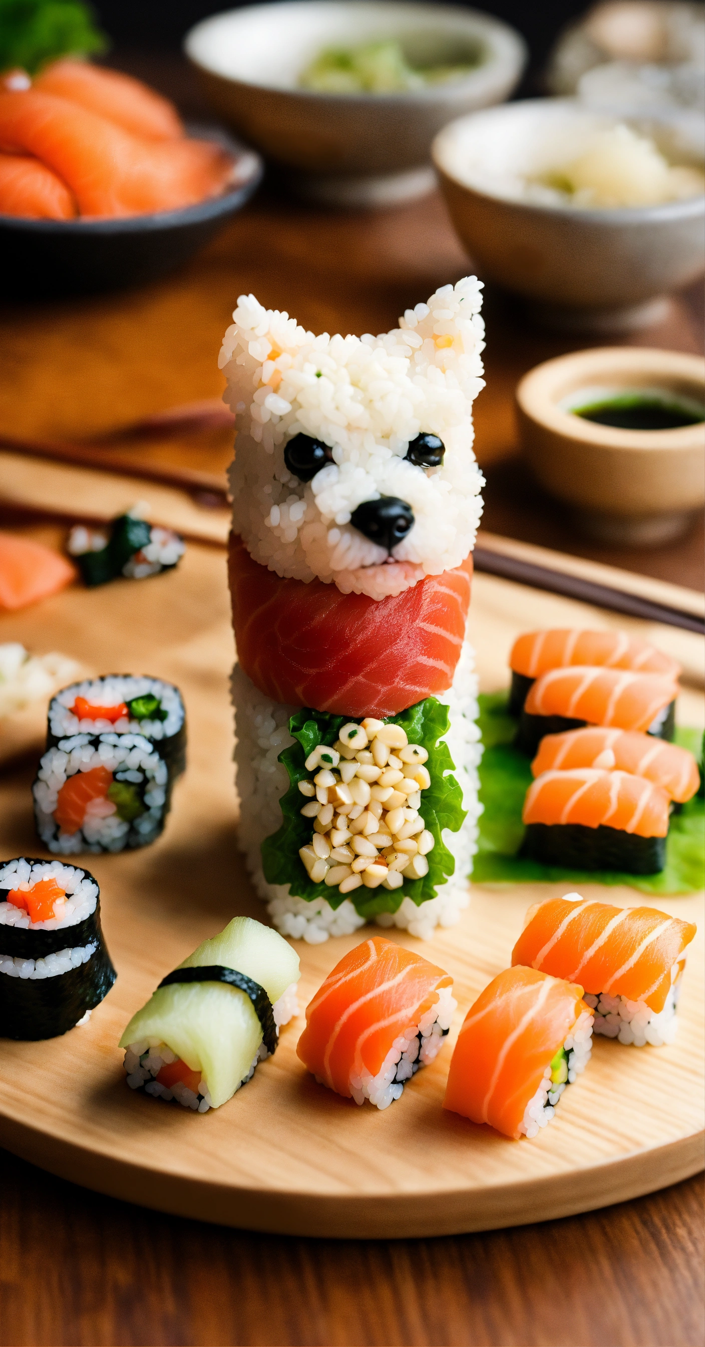 Lexica - Generate a picture of a dog as a master sushi chef ...