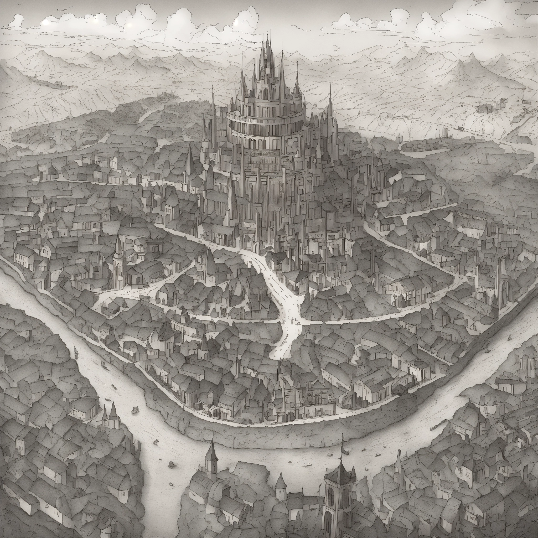 Lexica - Inked map of a massive fantasy city. top-down view