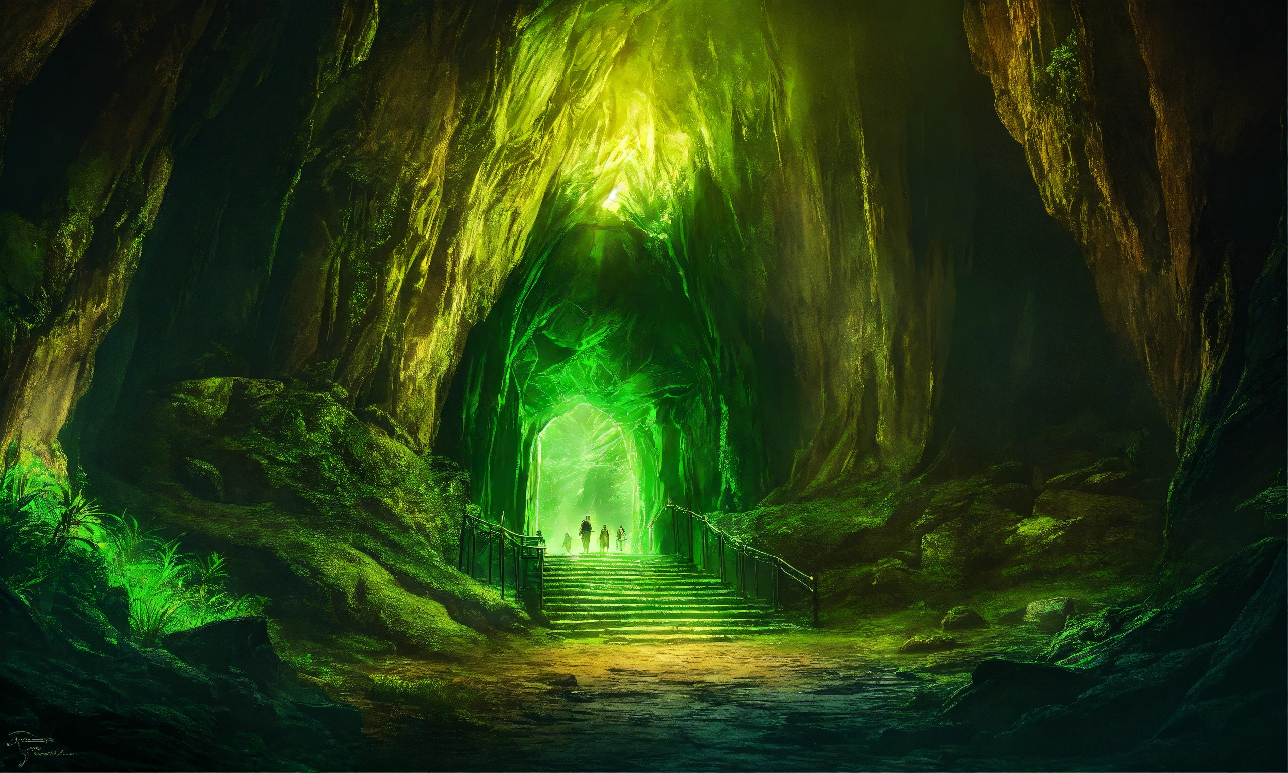 Lexica - The entrance to a cavern, dramatic green lighting, high ...