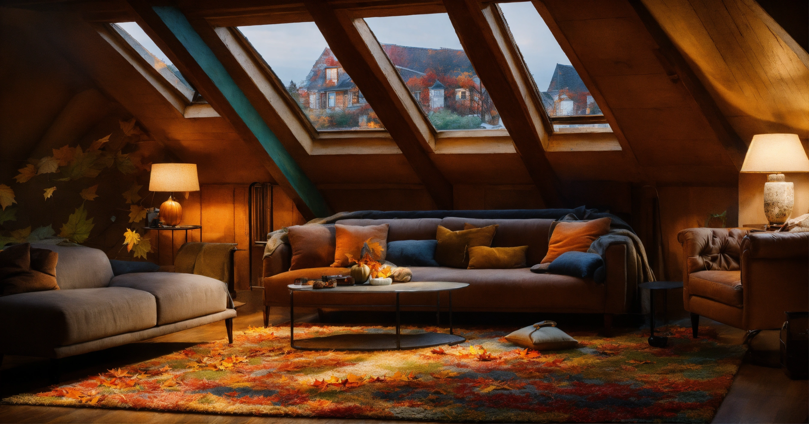 Lexica - Night time attic, fall leaves, night window, fluffy rug ...