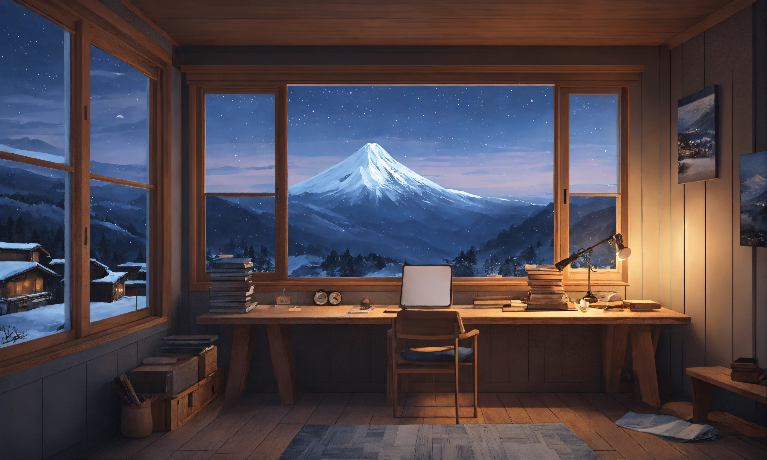 Lexica - Minimalistic study room in mountain hut, studio ghibli, lofi ...