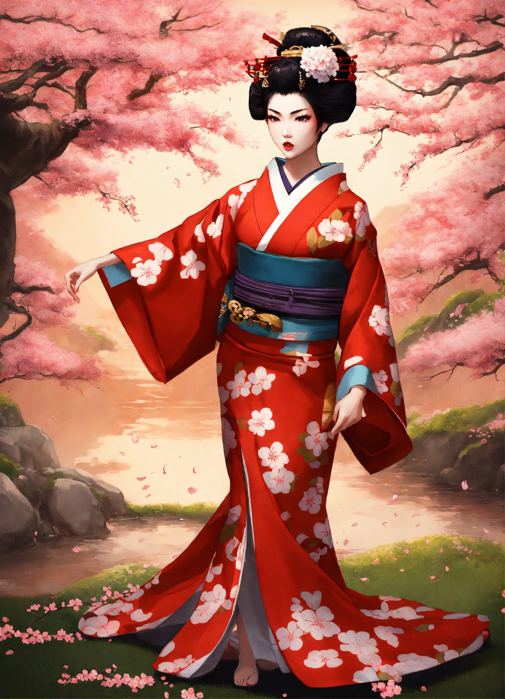 Lexica A Geisha Fiercely Fighting With Her Maiko In A Cherry Blossom