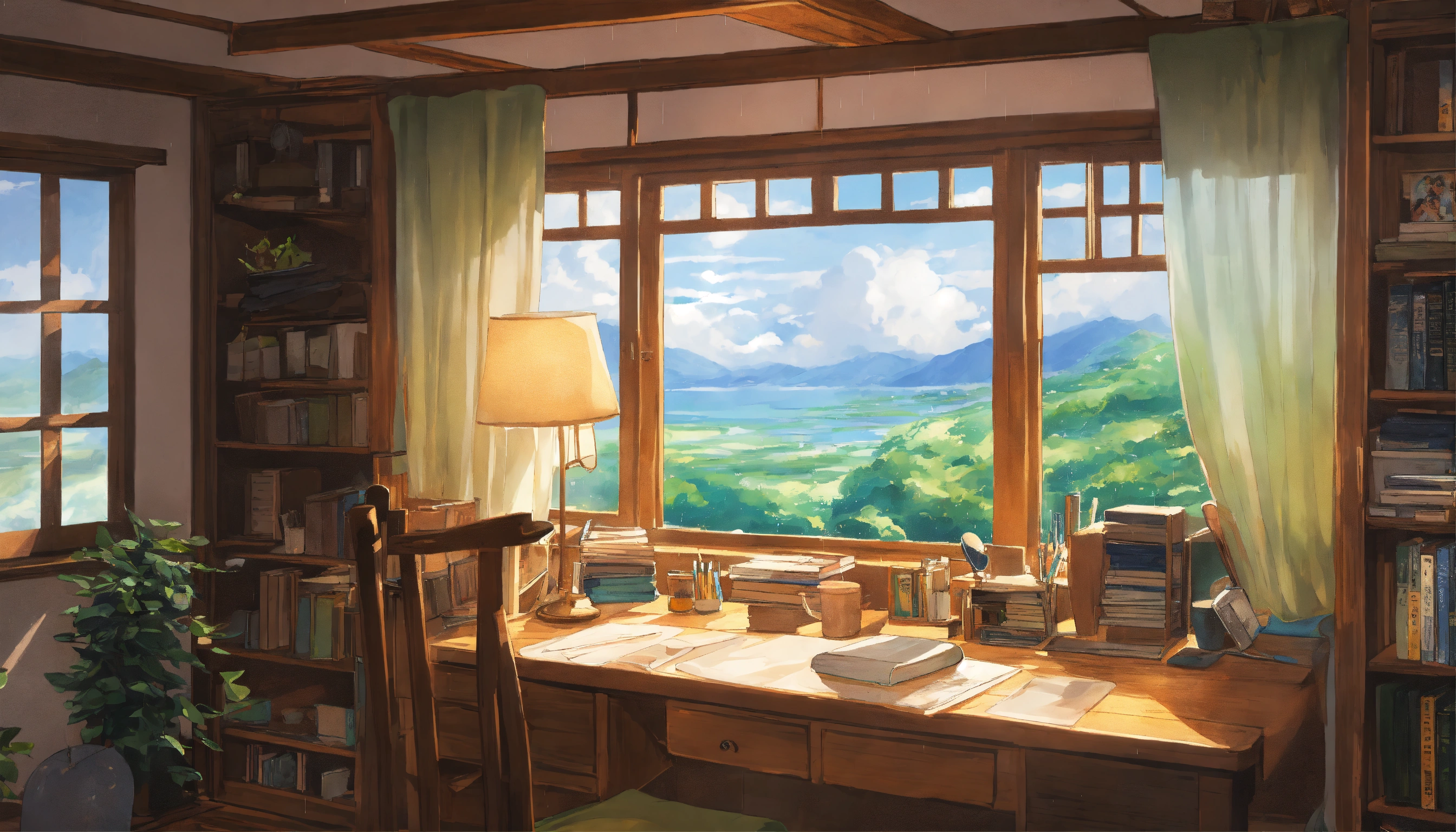 Lexica - Wooden study room, anime, studio ghibli, deminishing ...