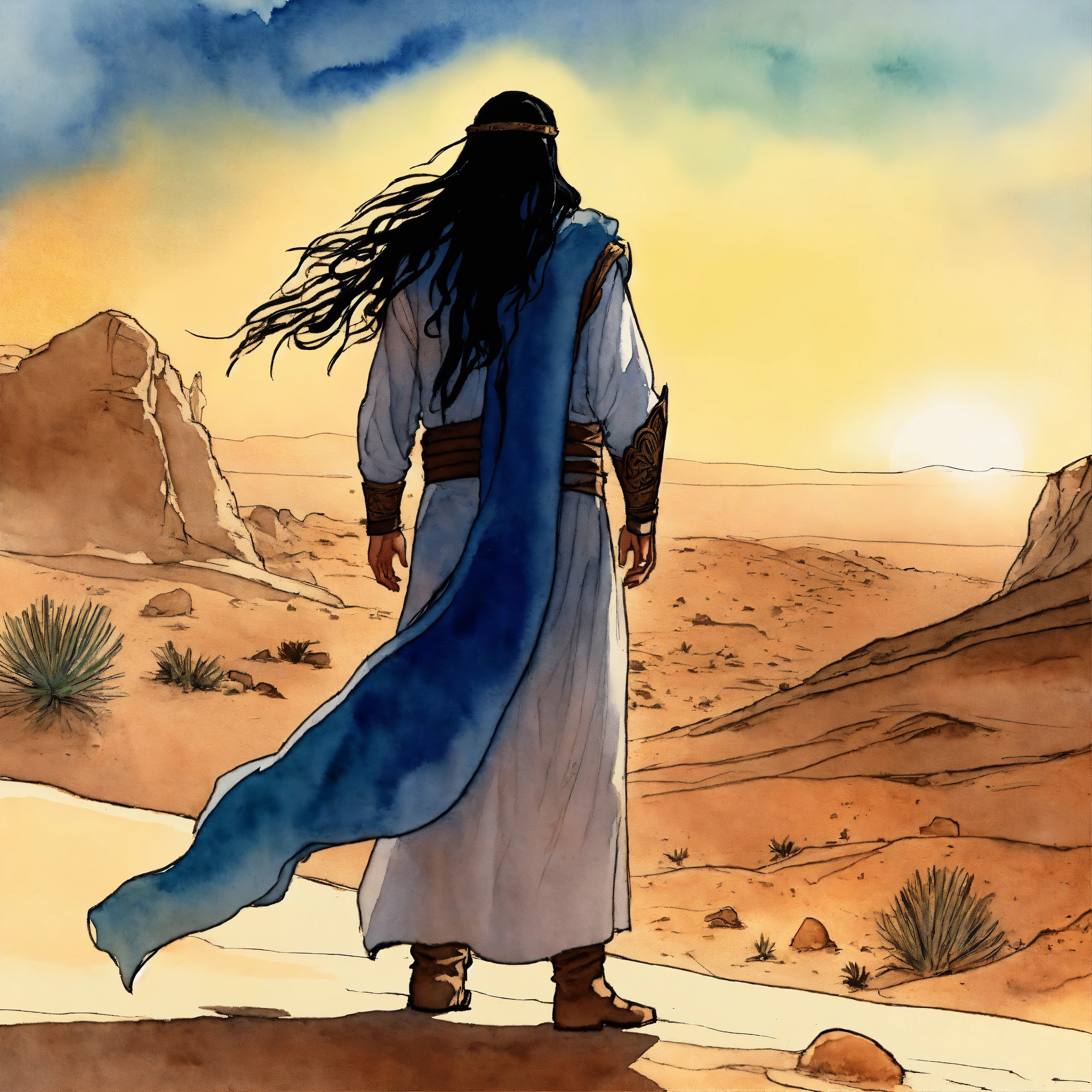 Lexica - A savior is pictured from behind. Long hair, Arabic, chosen ...