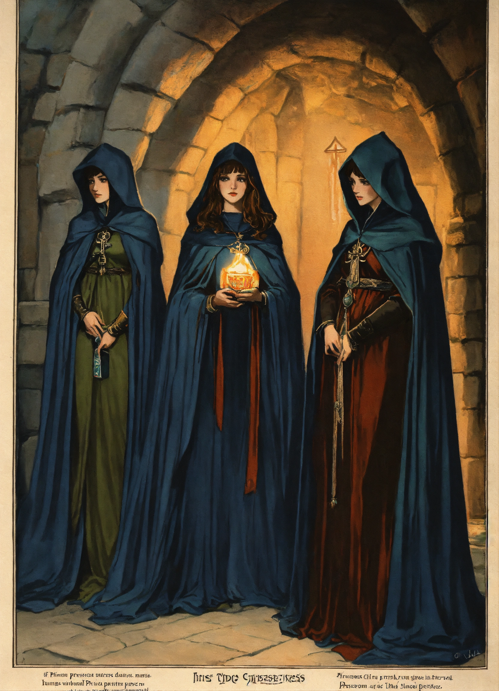 Lexica - Cursed Priestesses, in dungeon, tight cloaks, historical print