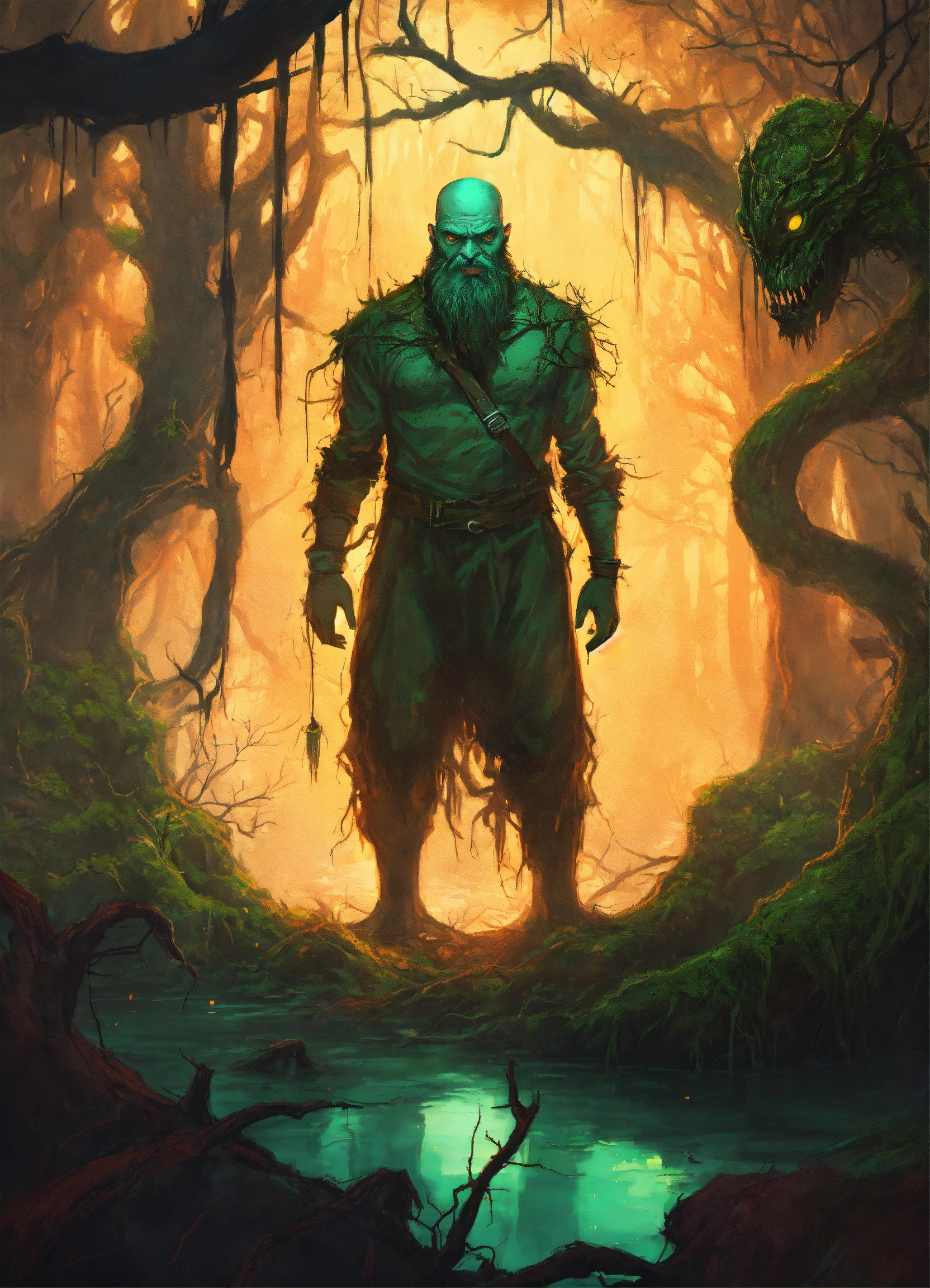 Lexica - A young bald man with beard terrifying swamp monster, lurking ...