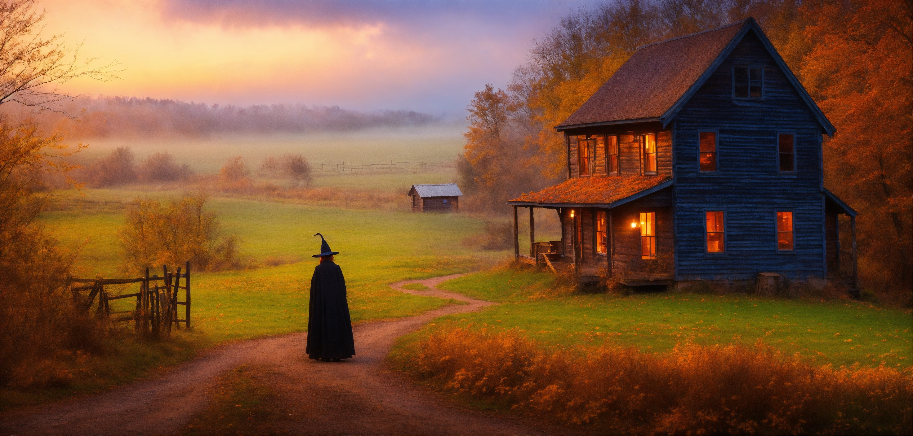Lexica - Impressionist, one beautiful witch looking at cabin with a ...