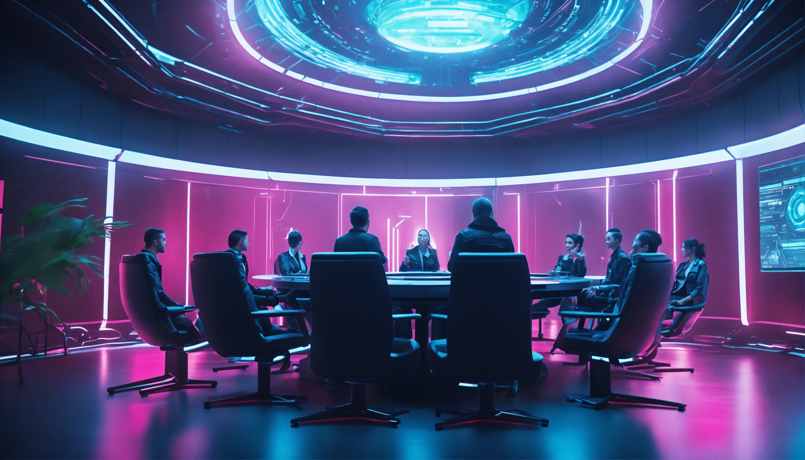 Lexica - Futuristic meeting room, people siting on chairs around the ...