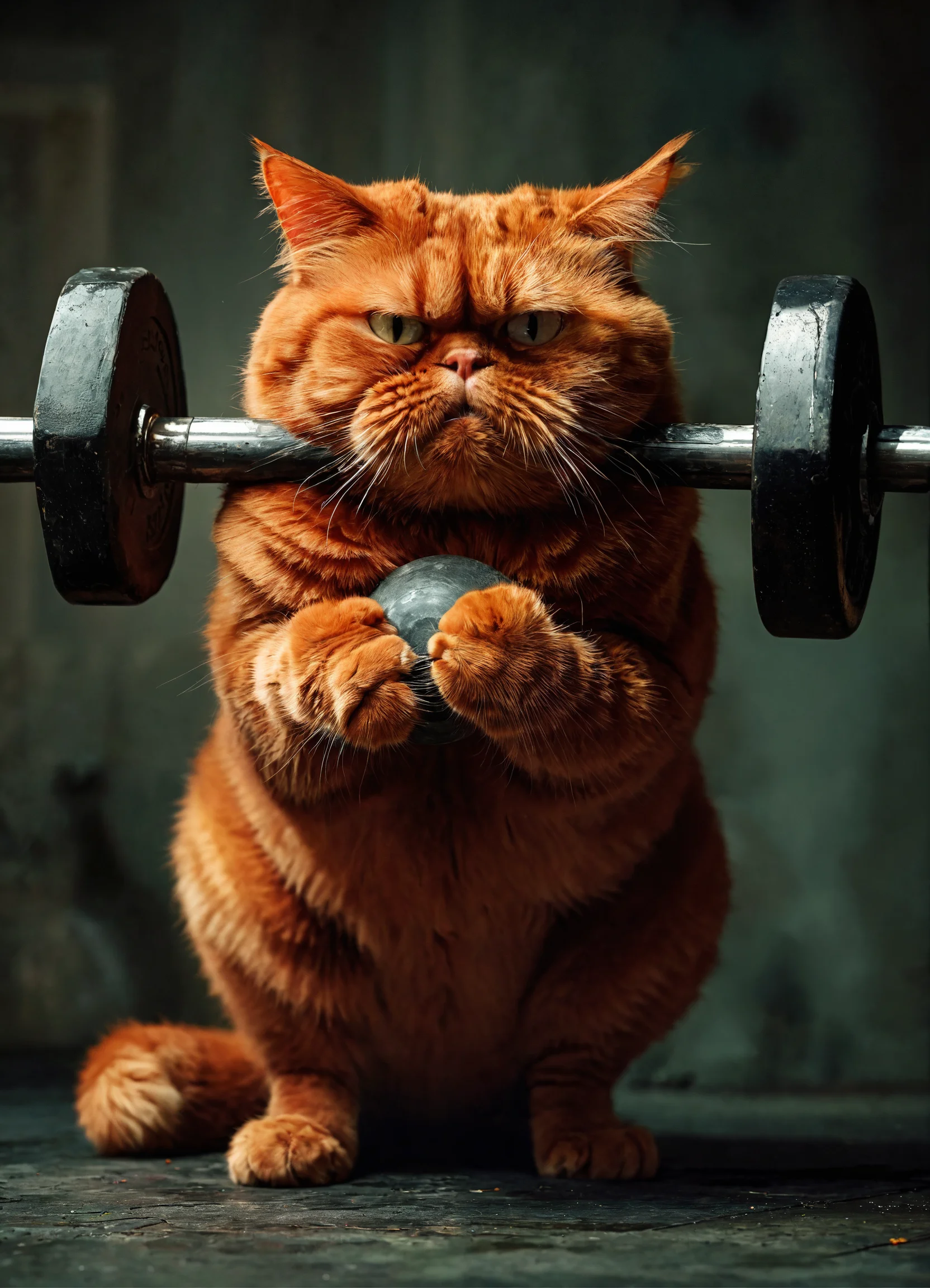 Lexica - Sad fat red cat Raises a barbell