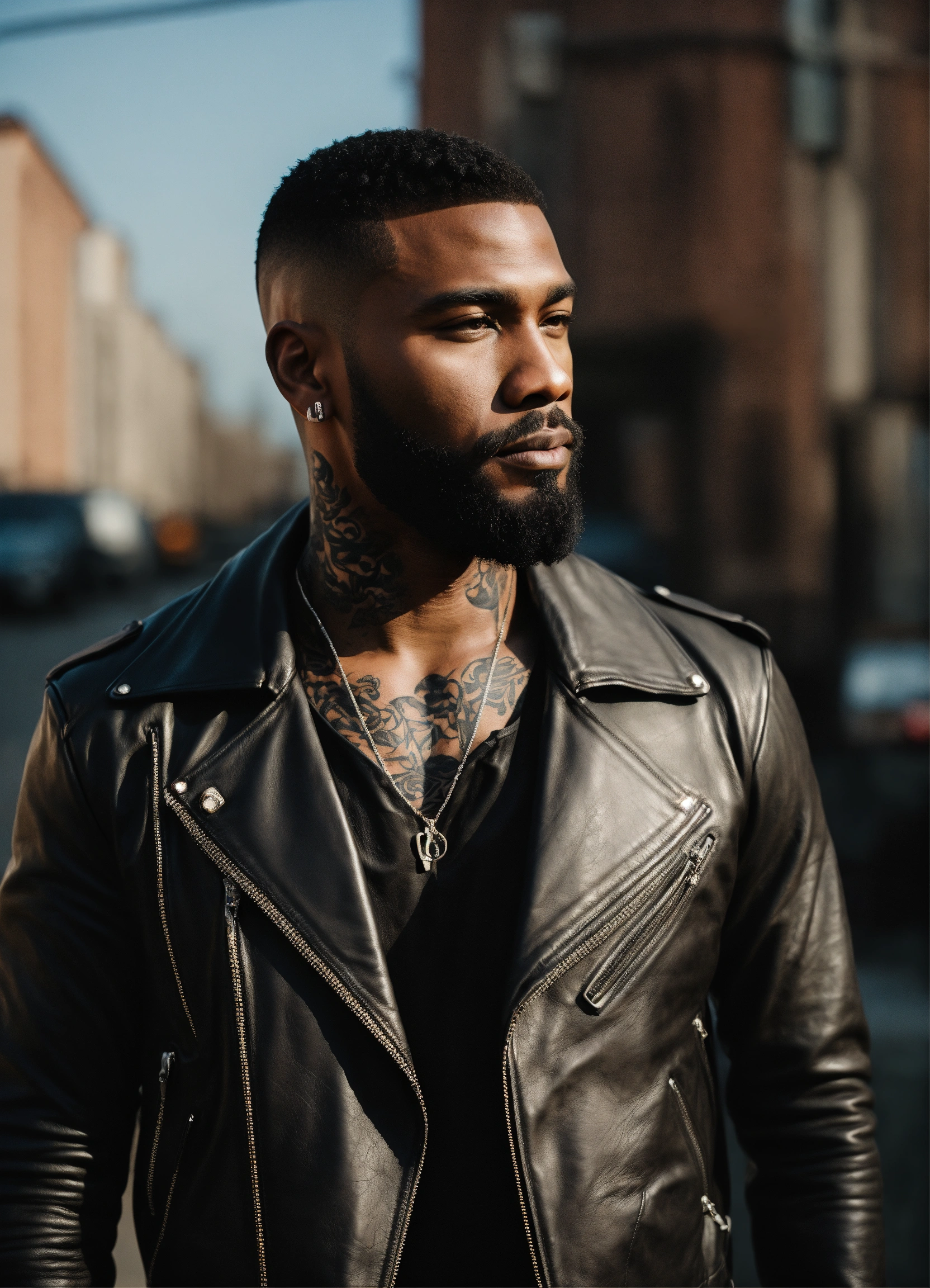 Lexica - Handsome black male, low beard, tattoos, Caesar haircut, deep ...