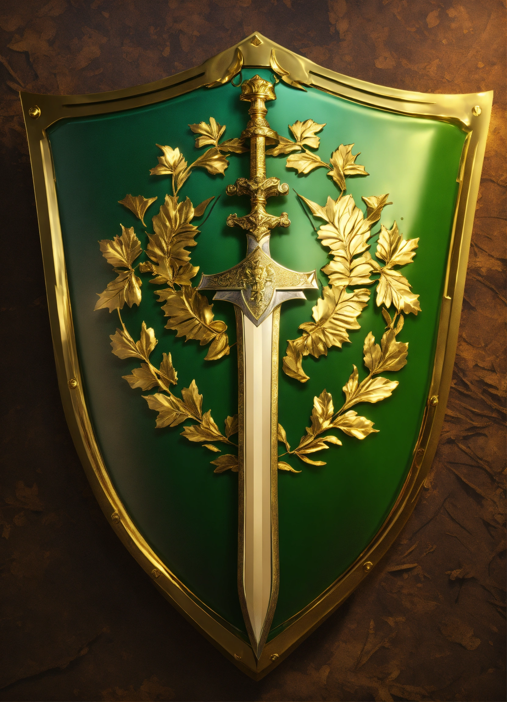 Lexica - A simple green shield with heraldry of gold leaves and a sword with gold etching ...