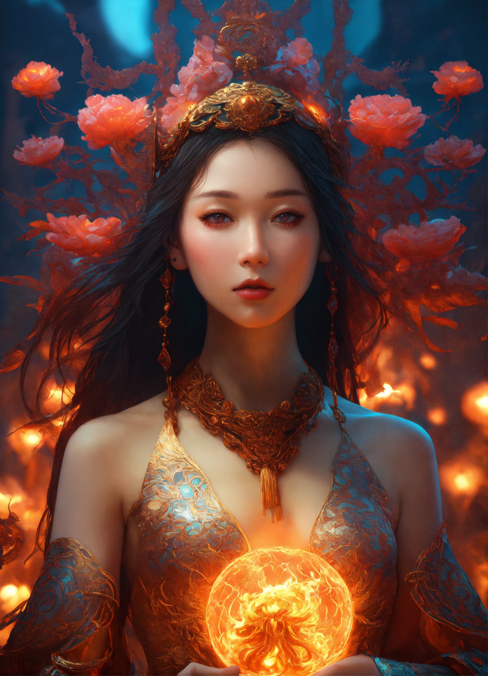 Lexica - Fire nymphs, asian goddess, intricate fashion, aether, surrounded by floating luminous ...