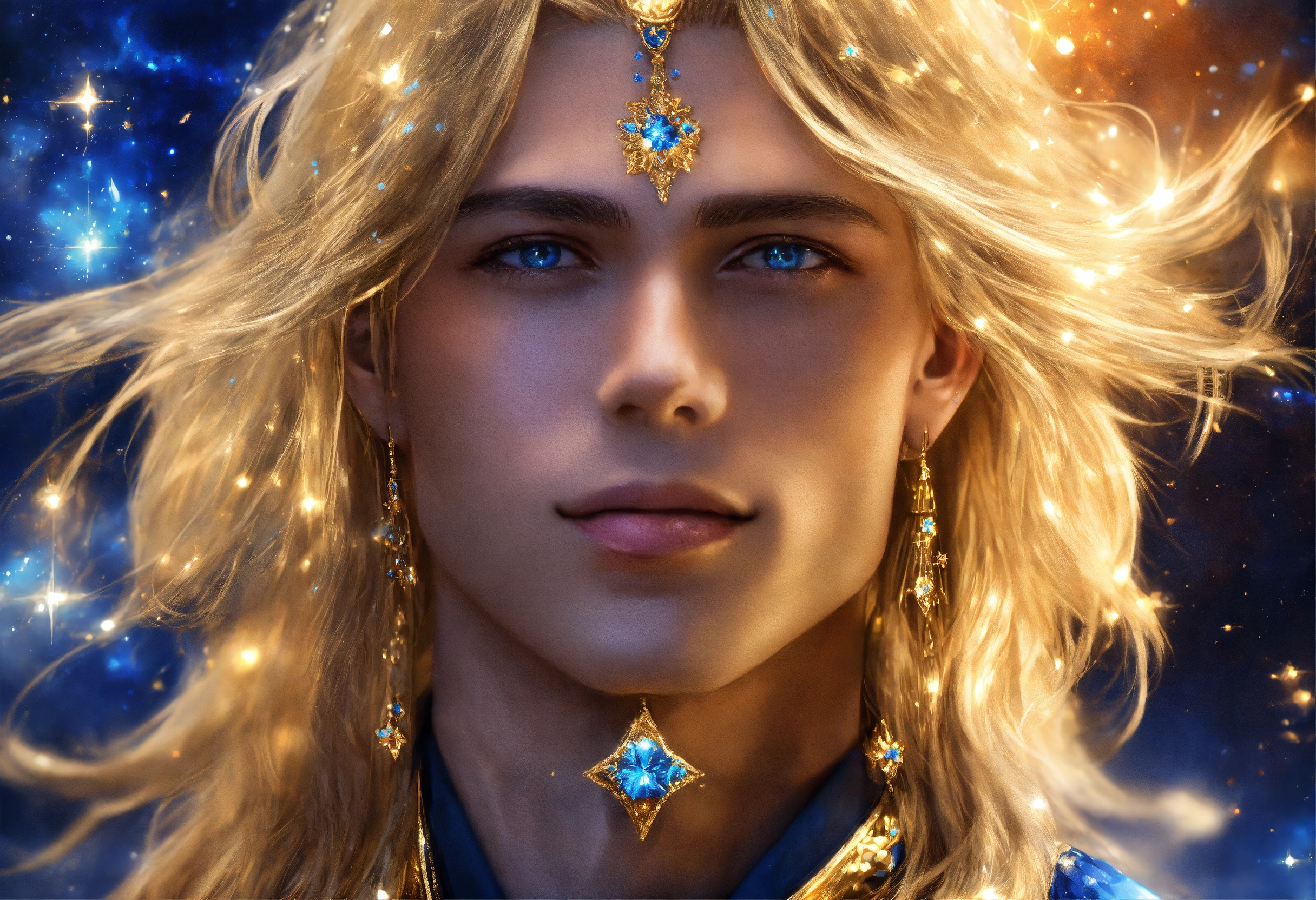 Lexica - Beautiful faces cosmic men long blond hair, smiling, blue and ...