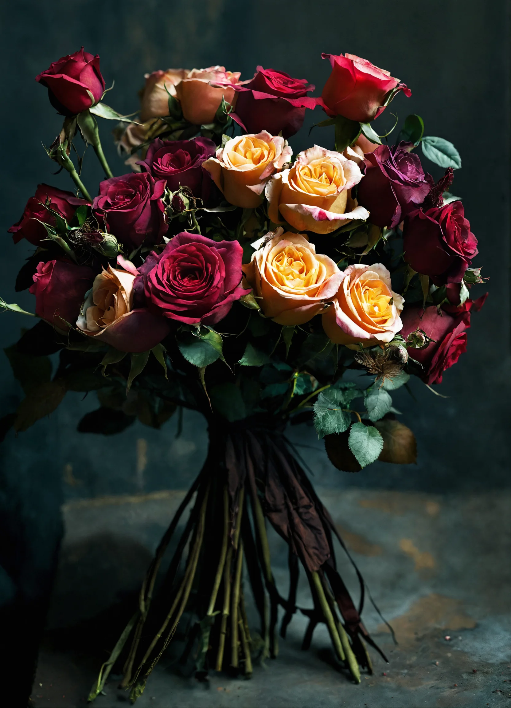 Lexica - A bohemian fancy bouquet of roses in a dark Annie Leibovitz style.