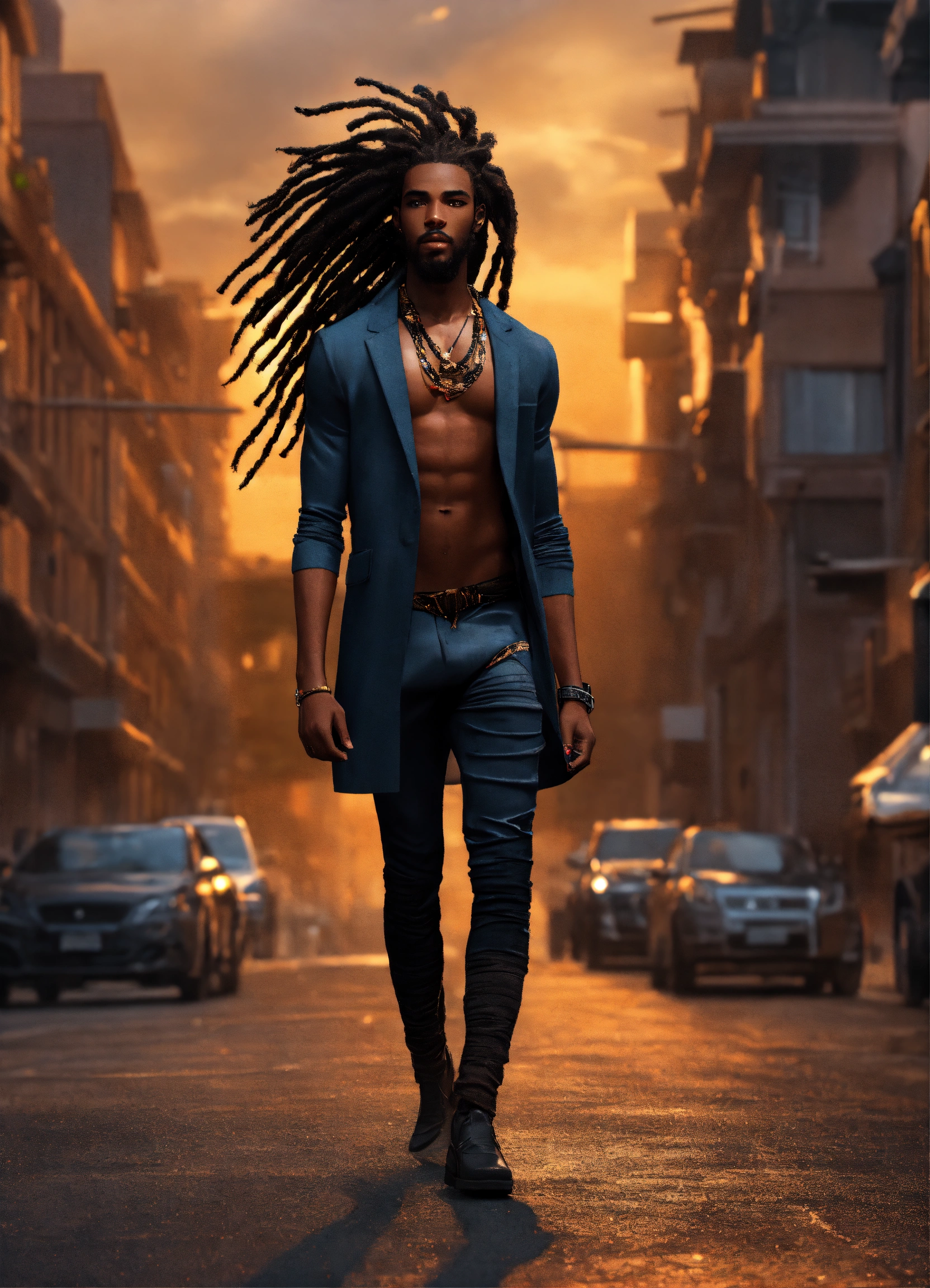 Lexica - 3d render of a Black African man with long flowing dreadlocks, 6'5" tall, well-built ...