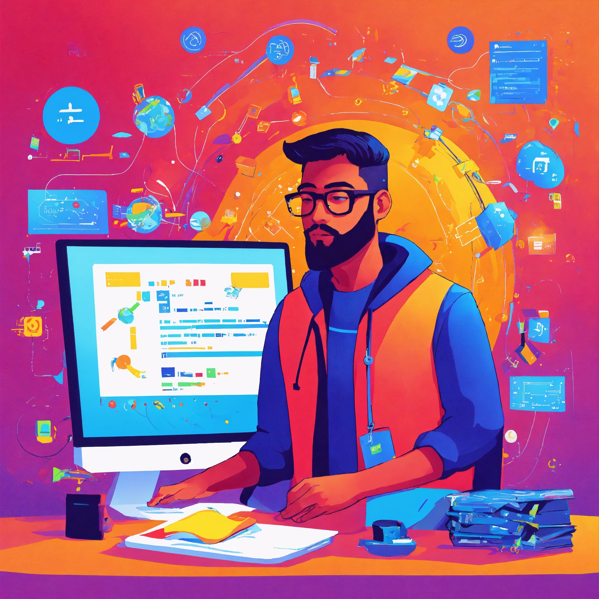 Lexica - An imaginative illustration of a software developer exploring a new language. The ...