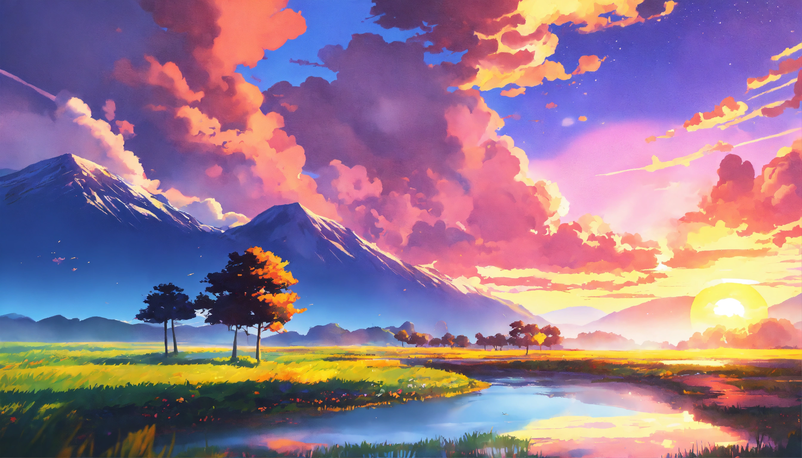 Lexica - An anime-style picture of wonderful colorful nature sun rising