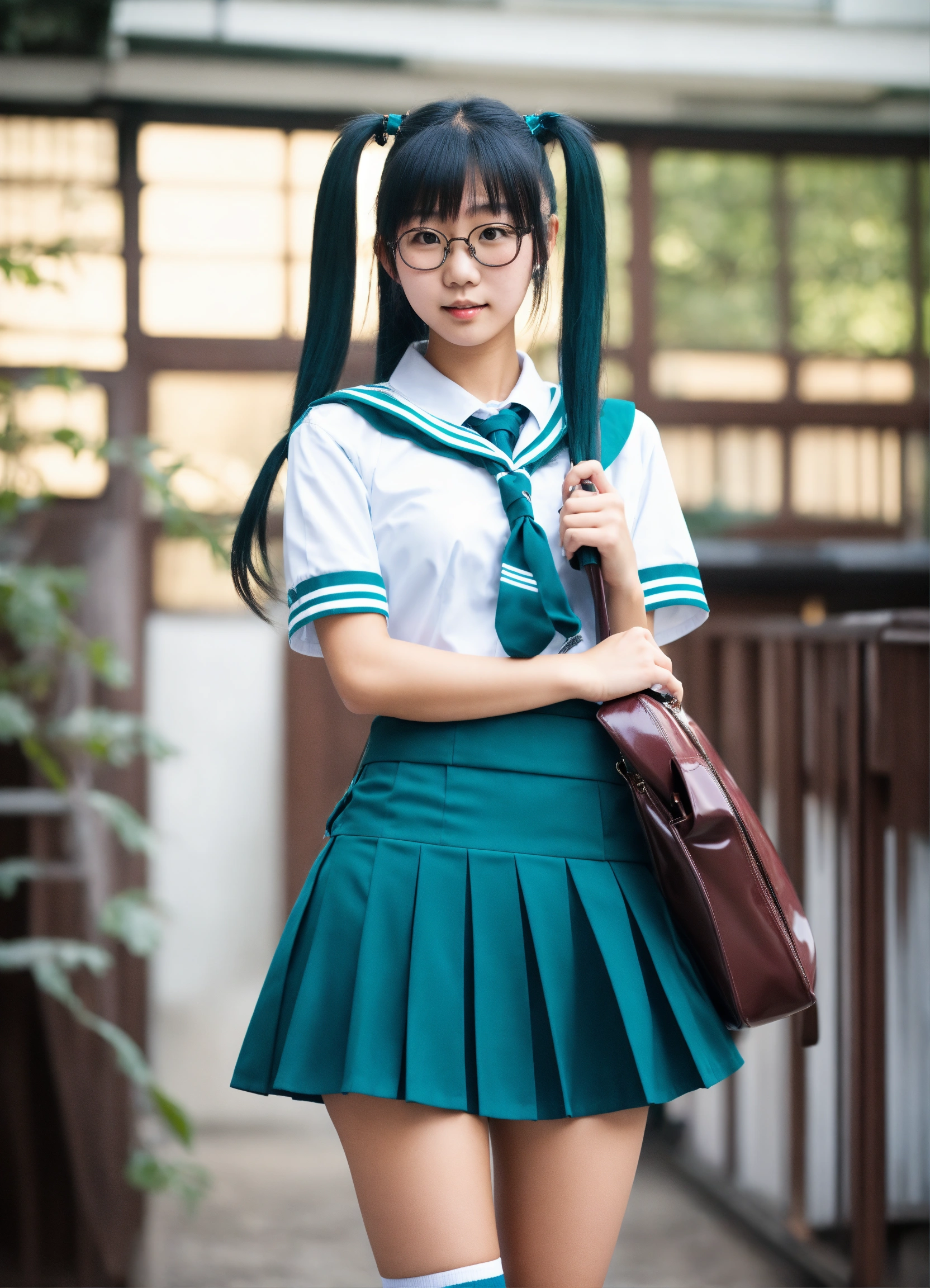 Lexica - Japanese Girl with twin tails and glasses in glossy teal ...