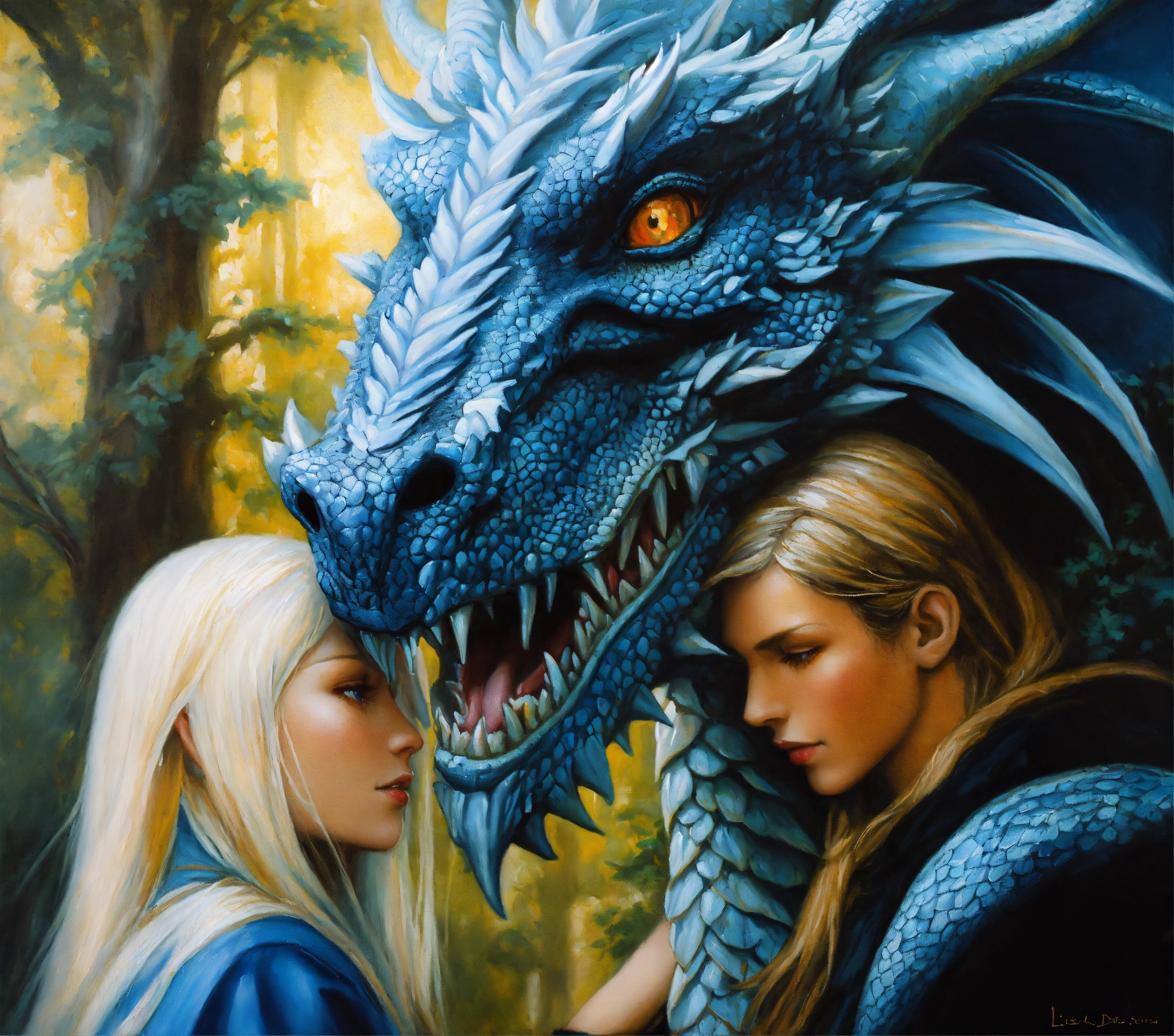 Lexica - Oil painting of a huge, magnificent two meter big blue dragon ...