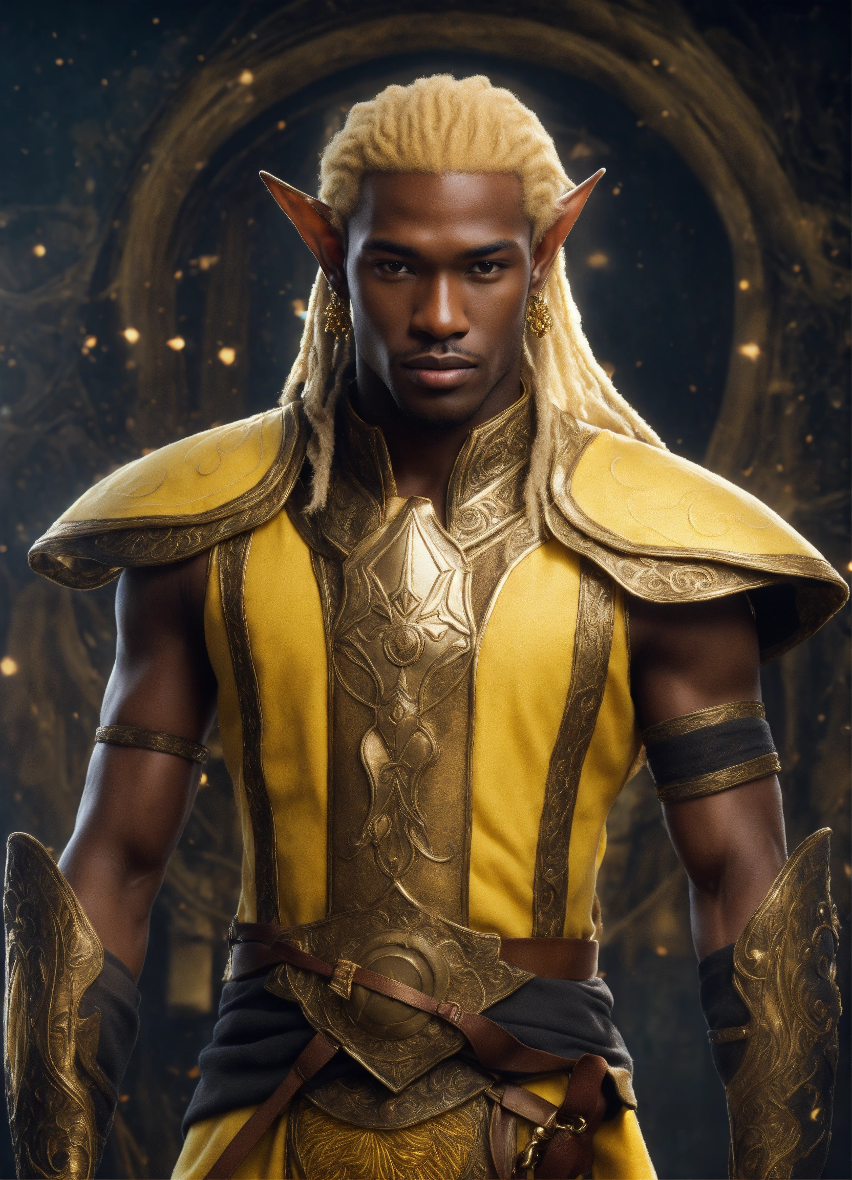 Lexica - A black male sun elf, caramel skin, hazel eyes, medium wavy ...