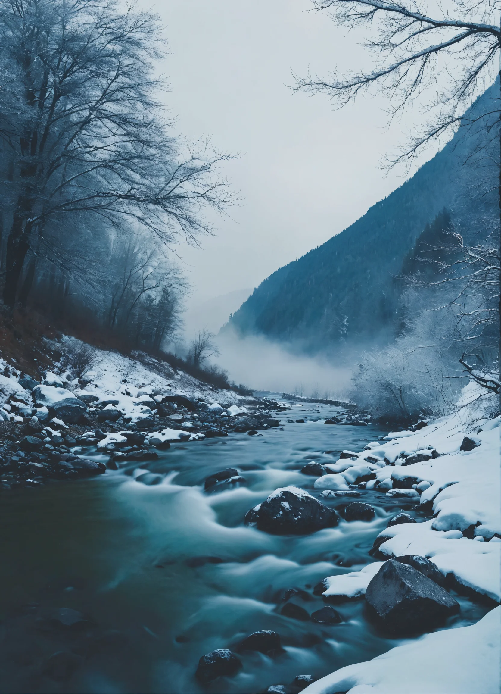 Lexica - Mountain river. Snow. fog. view from afar. realistic photography.
