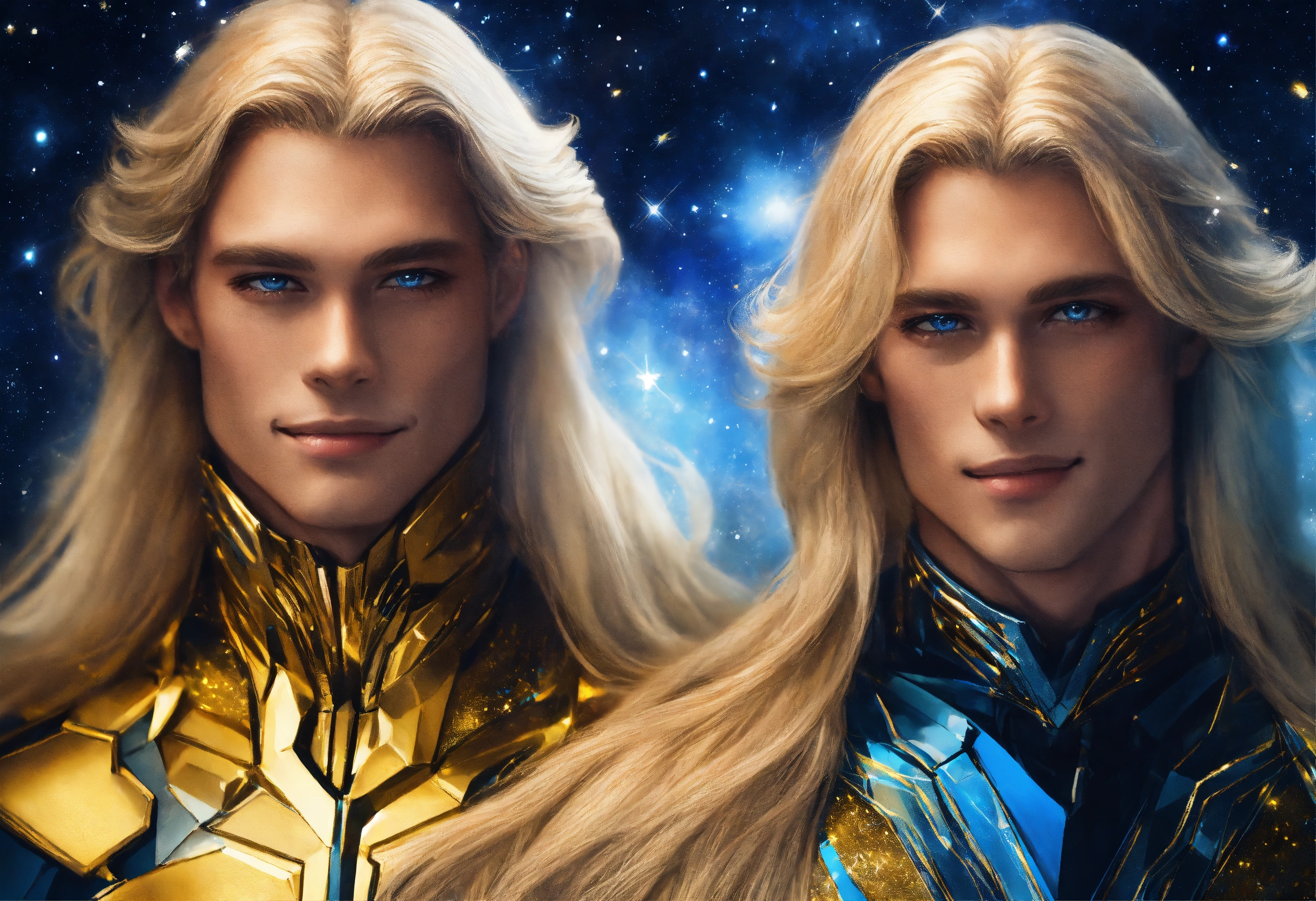 Lexica - Beautiful faces galactic men long blond hair, smiling, blue ...